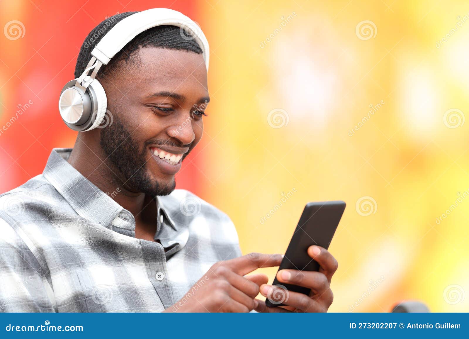 Happy Black Man Listening To Music On Smartphone Stock Image Image Of