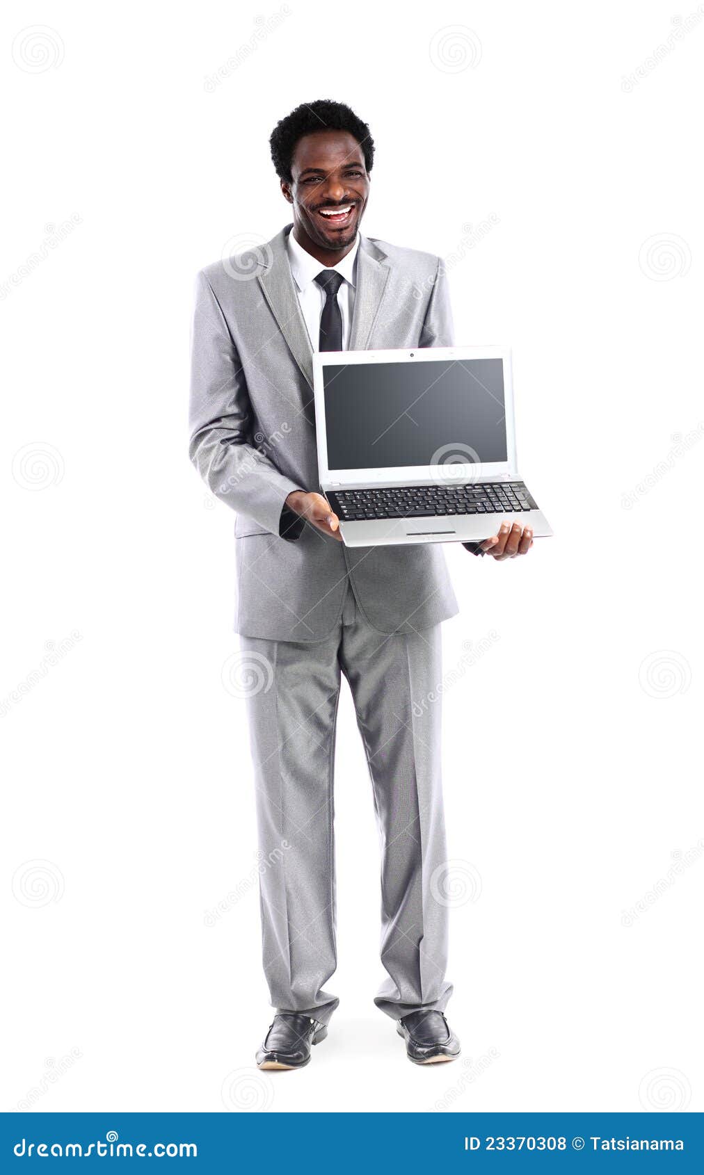 Happy Black Man Showing Laptop Stock Photo - Image of short, isolated ...