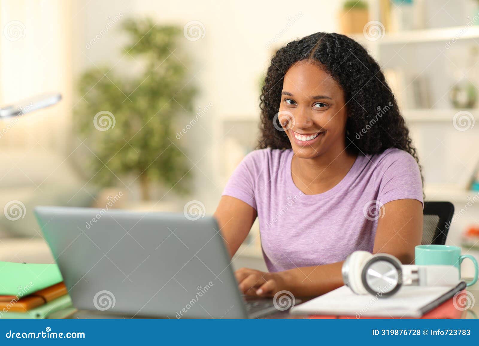 Happy Black Student Looking at Camera at Home Stock Photo - Image of ...