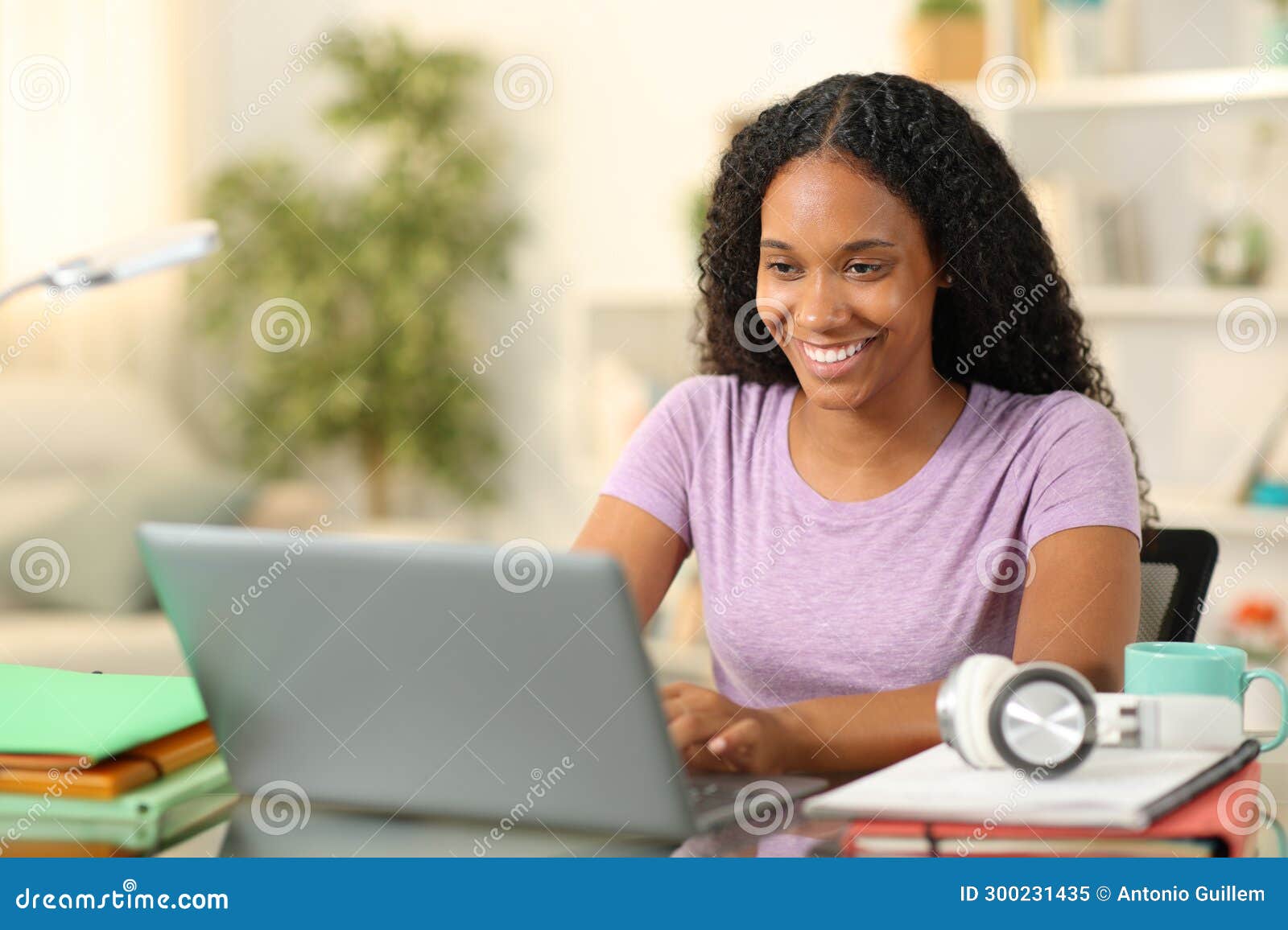 Happy Black Woman Studying Using Laptop at Home Stock Image - Image of ...