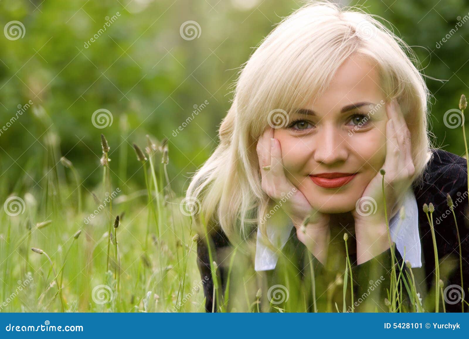 Happy Blond Model Over the Green Grass Stock Image - Image of girl ...