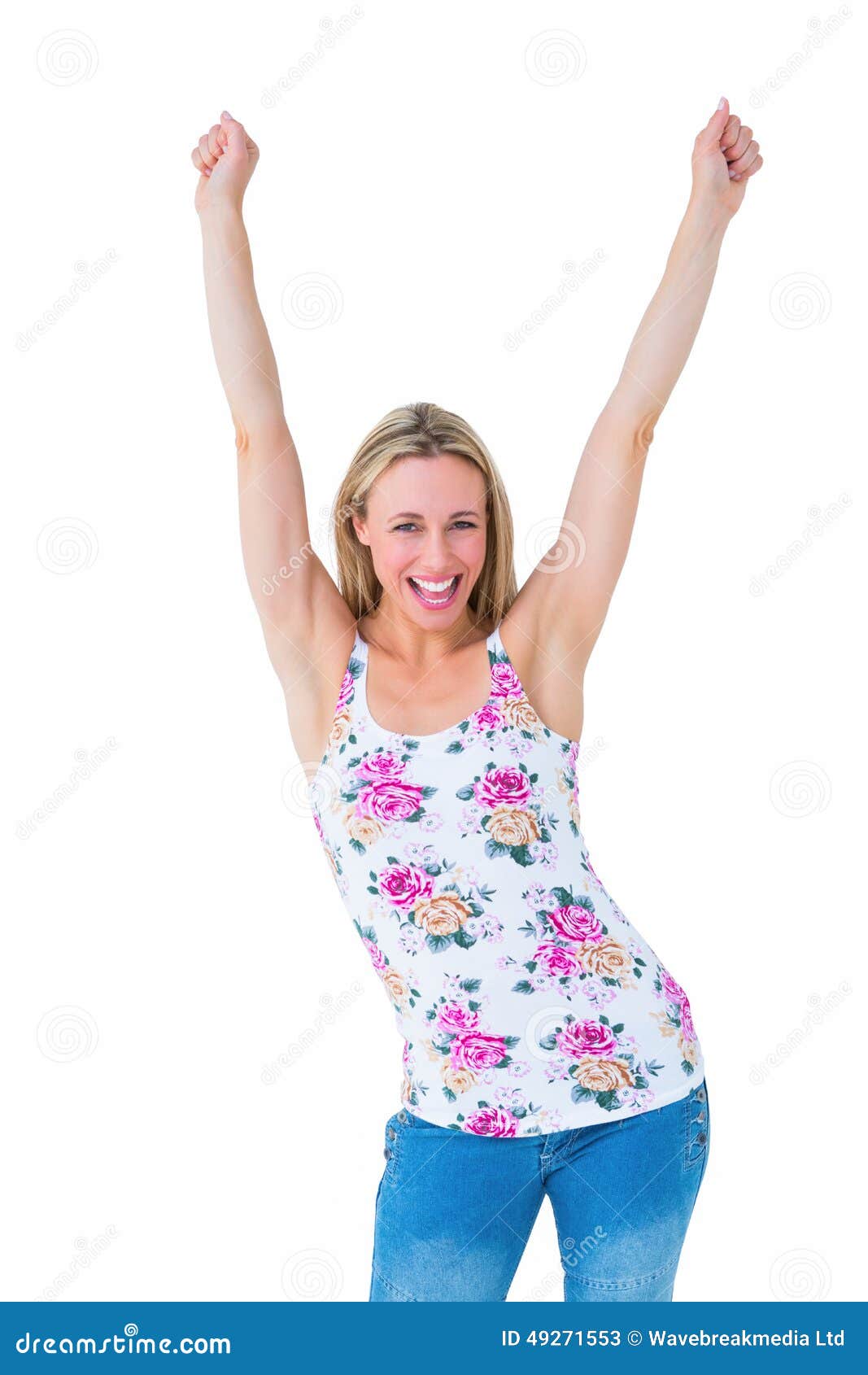 Happy Blonde Cheering with Arms Up Stock Image - Image of arms ...
