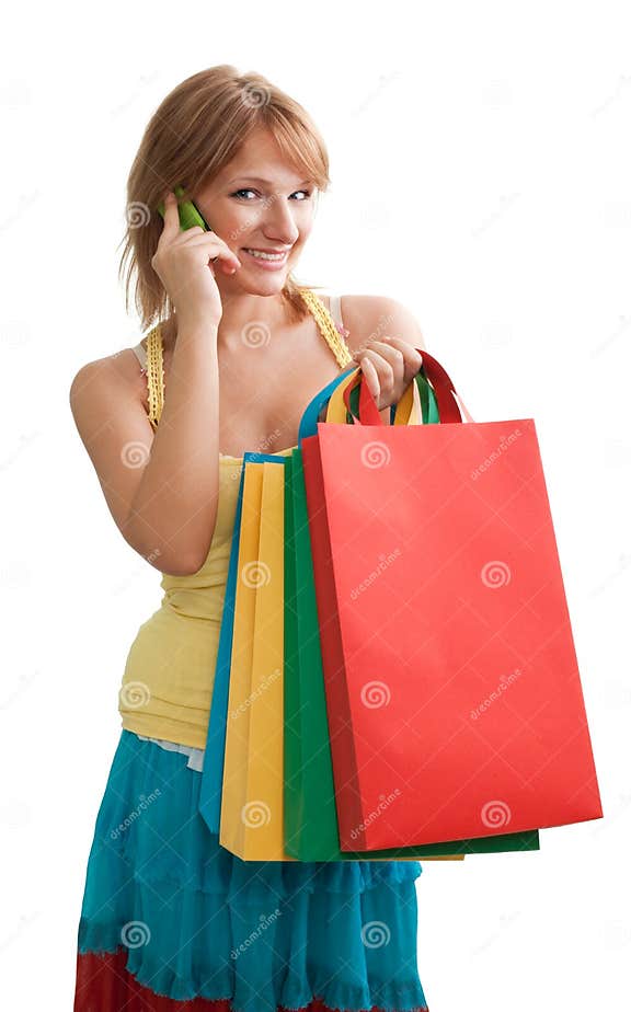 Happy Blonde Customer Chattering Stock Image - Image of carrying ...