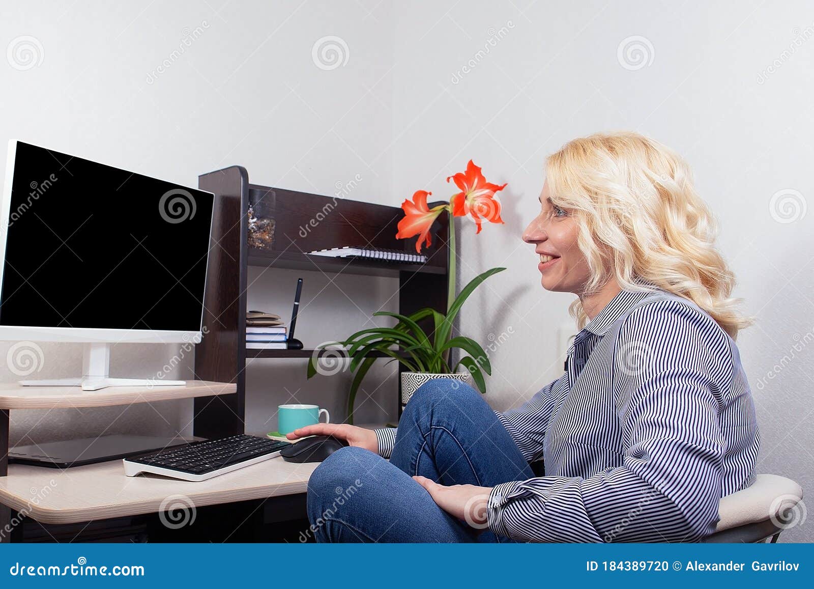 Happy Blonde at Home at the Computer Stock Photo - Image of european ...