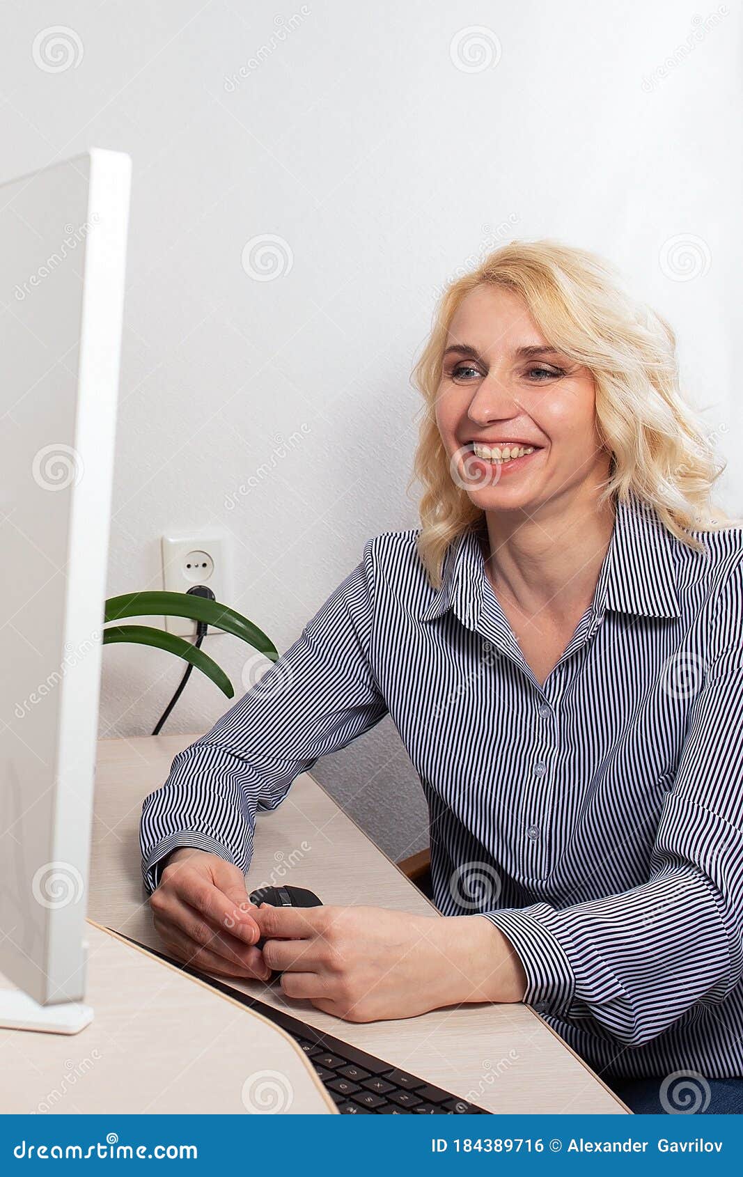Happy Blonde at Home at the Computer Stock Photo - Image of look, good ...