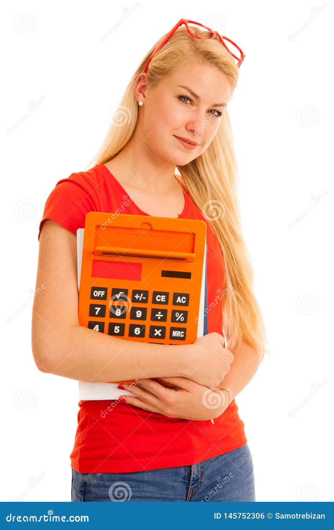 Happy Blonde Student with Calculator Isolated Over White Background ...