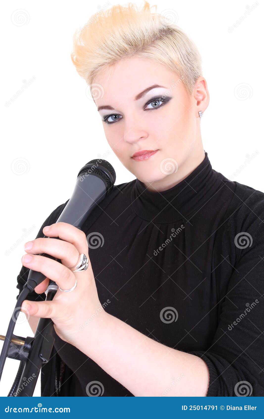 Happy Blonde Woman with Microphone Stock Image - Image of attractive ...