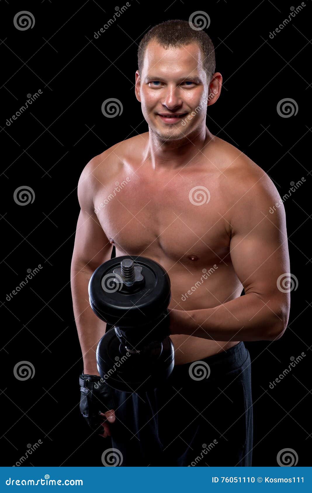 Happy Bodybuilder with Dumbbell Stock Photo - Image of beauty, health ...