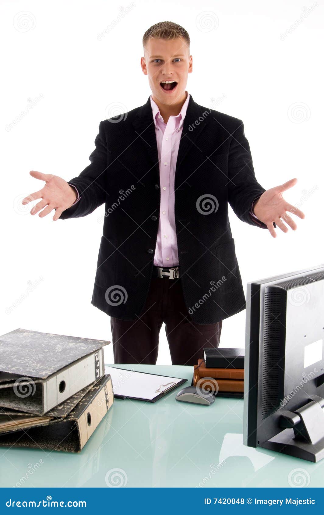 Happy Boss Showing His Work Table Stock Photo - Image of indoors ...