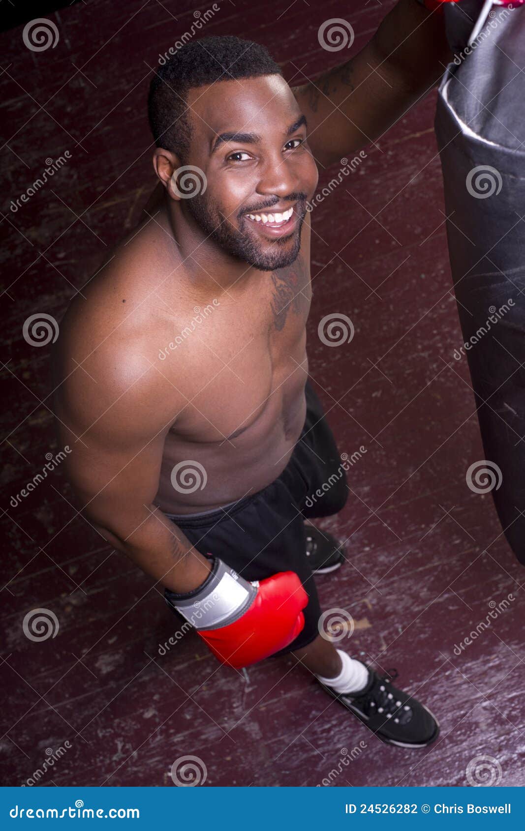 Happy Boxer Man Practices Working Heavy Bag Stock Photo - Image of ...