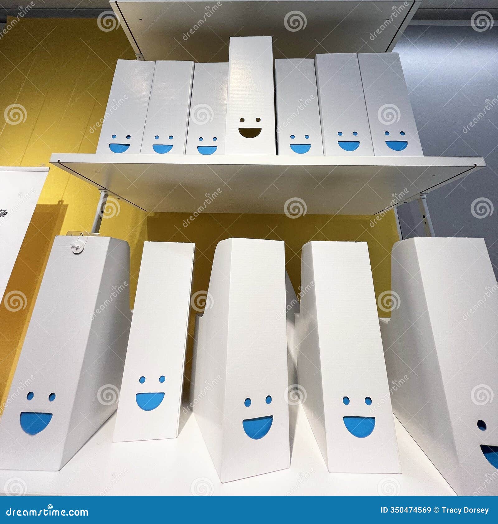 Happy Boxes on a shelf stock image. Image of design - 350474569