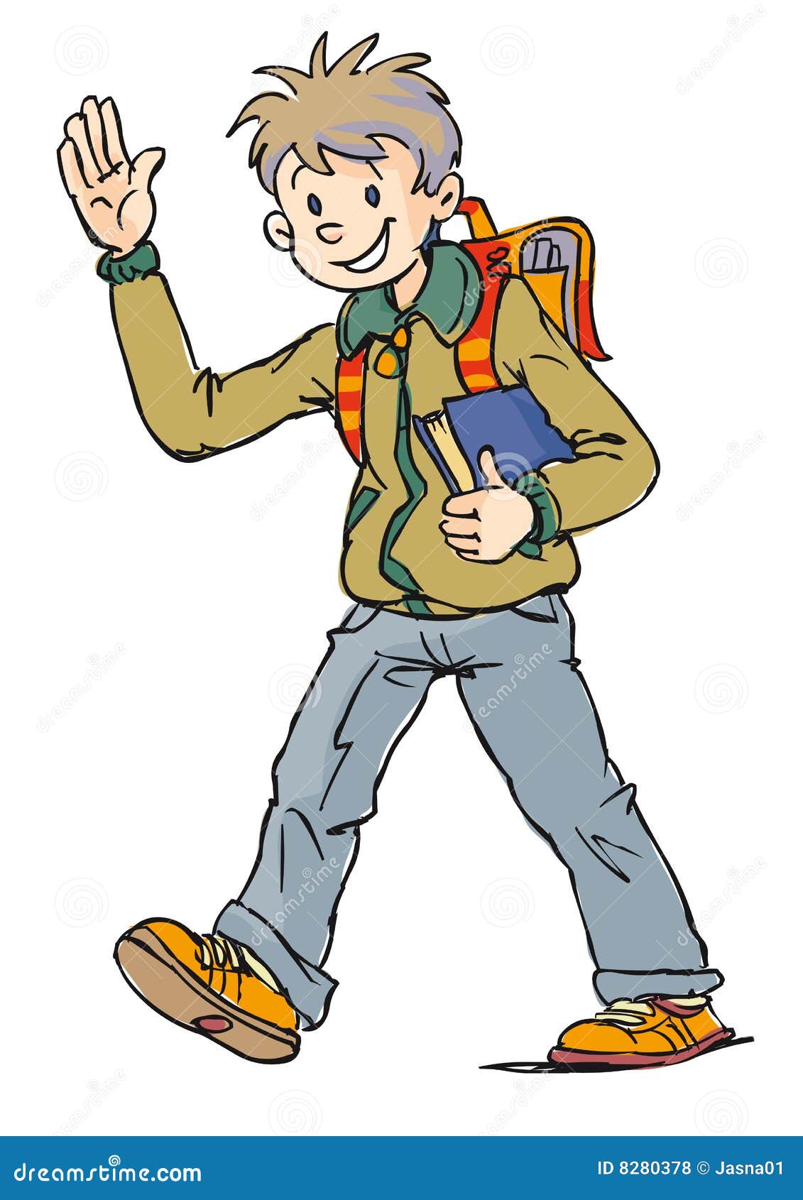 Happy Boy with Bag and Book Stock Illustration - Illustration of hand ...