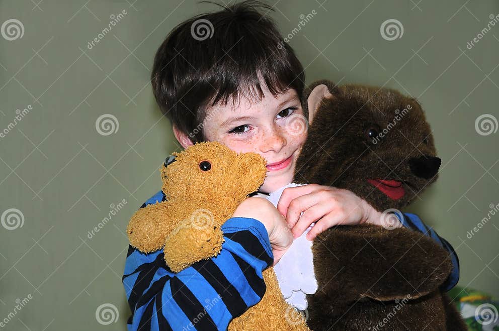 Happy boy with bears stock image. Image of gift, fluffy - 22968109