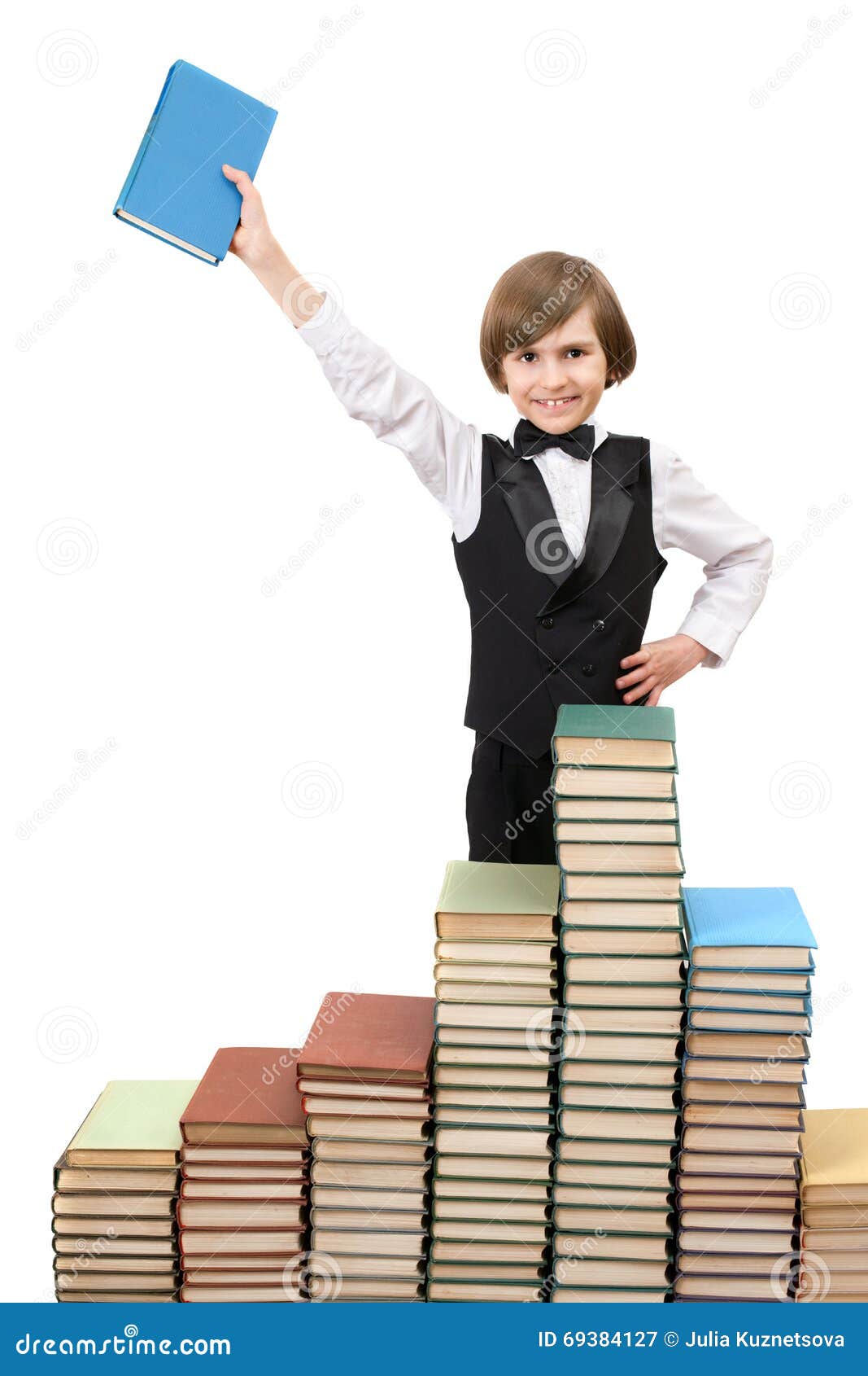 Happy Boy with a Book at Big Stack of Books Stock Image - Image of book ...