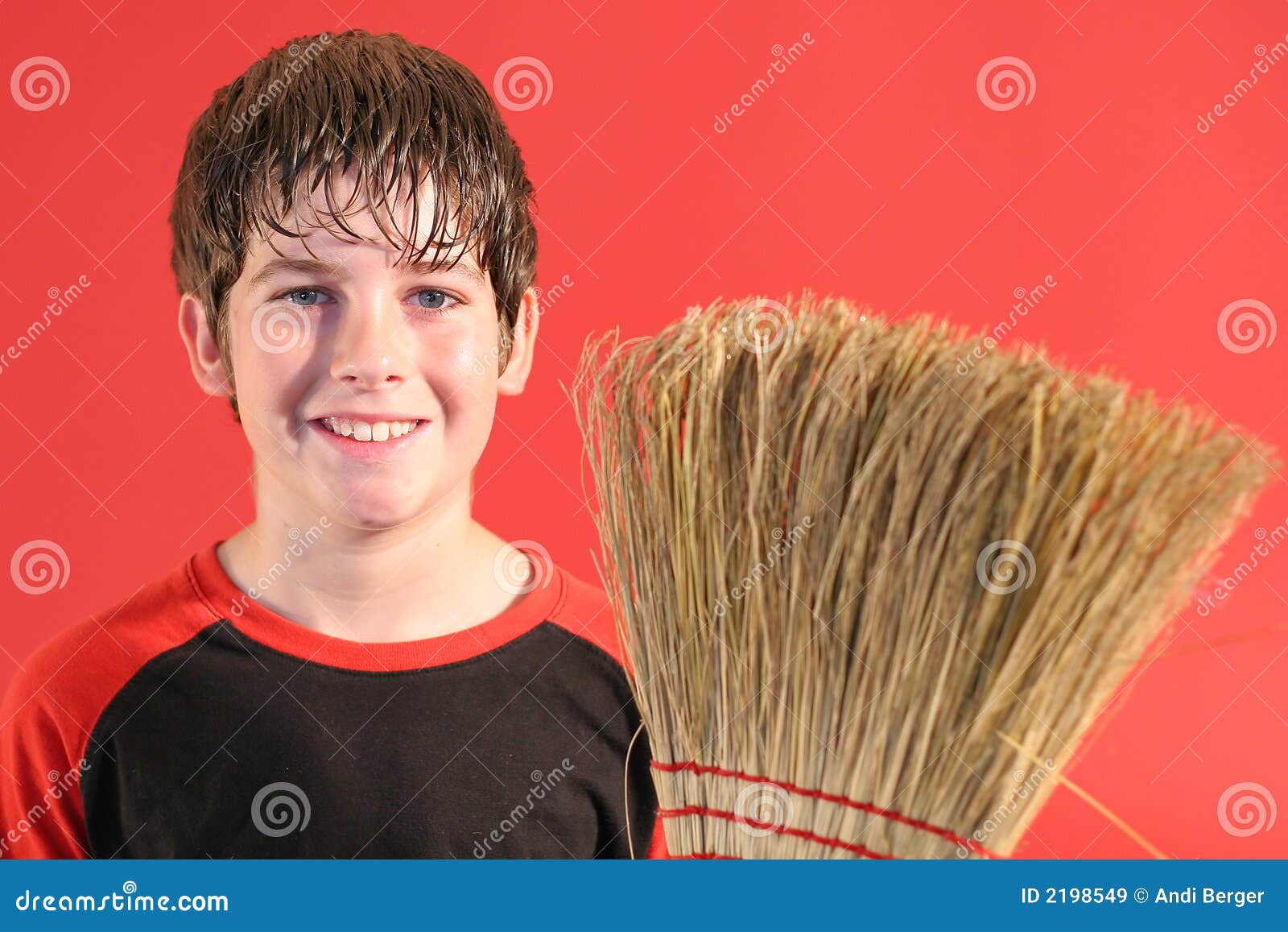 Happy boy with broom stock image. Image of human, organize - 2198549