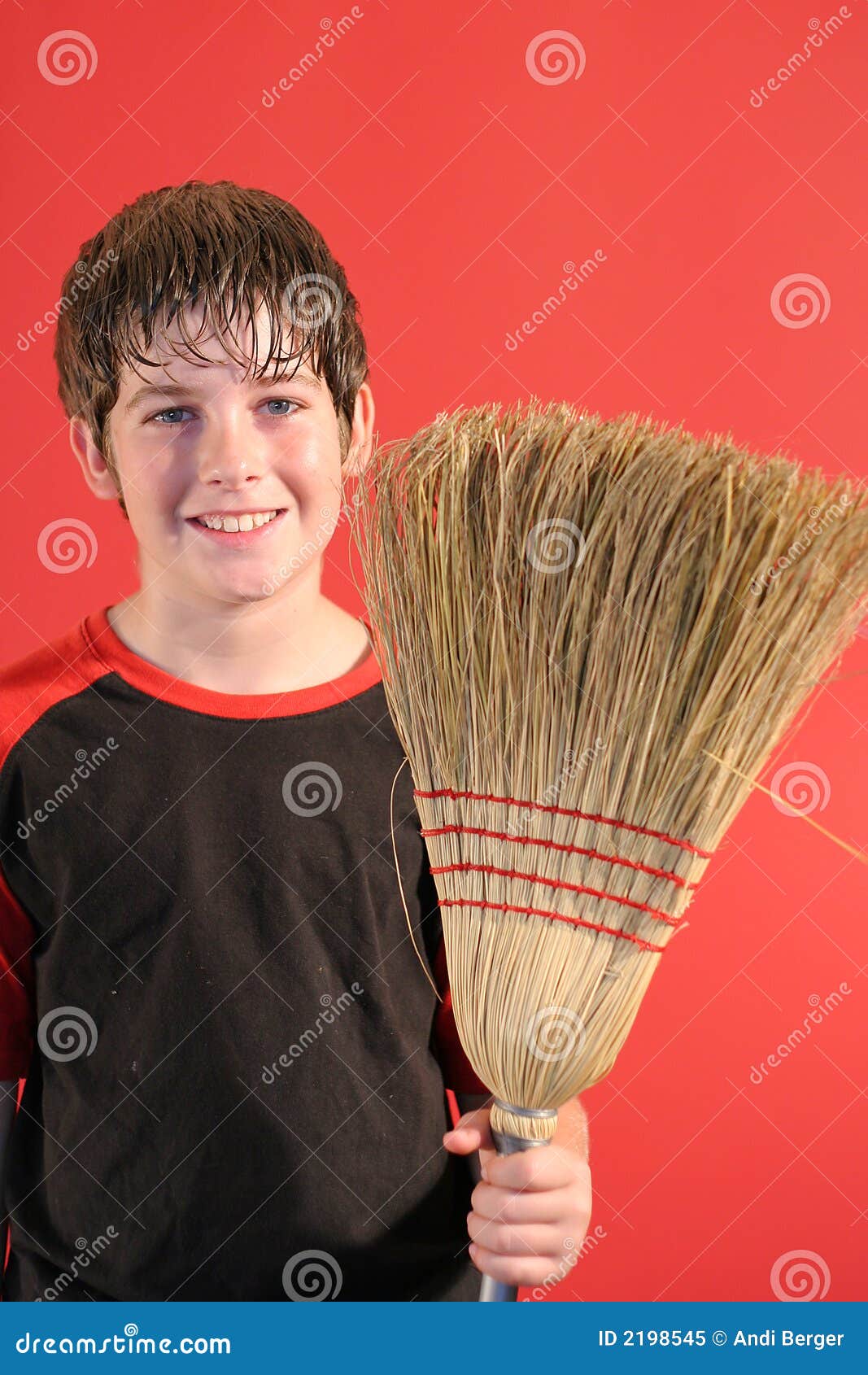 Happy Boy with Broom Vertical Stock Image - Image of teen, people: 2198545