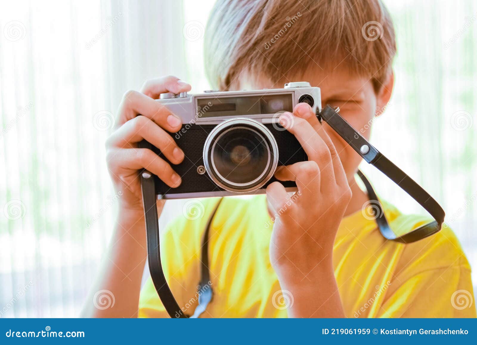 Happy Boy with a Camera on the Background Stock Image - Image of ...