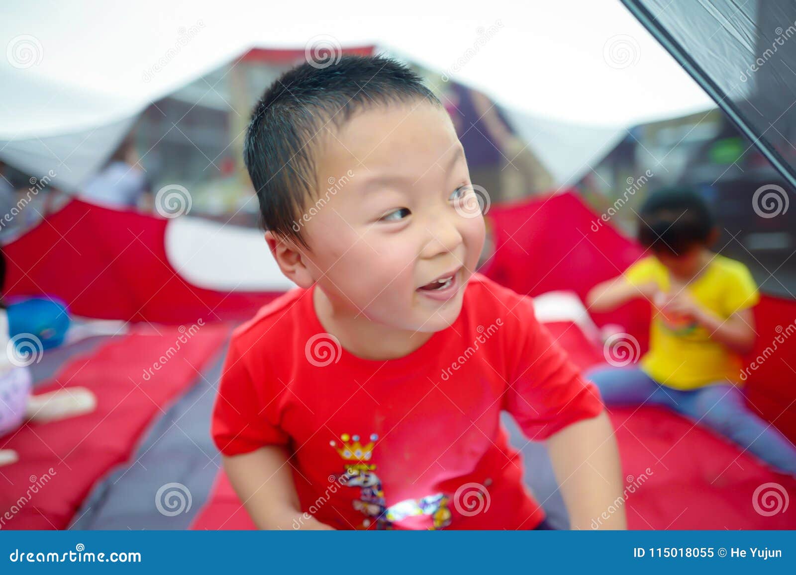 Happy boy in camping tent stock image. Image of area - 115018055