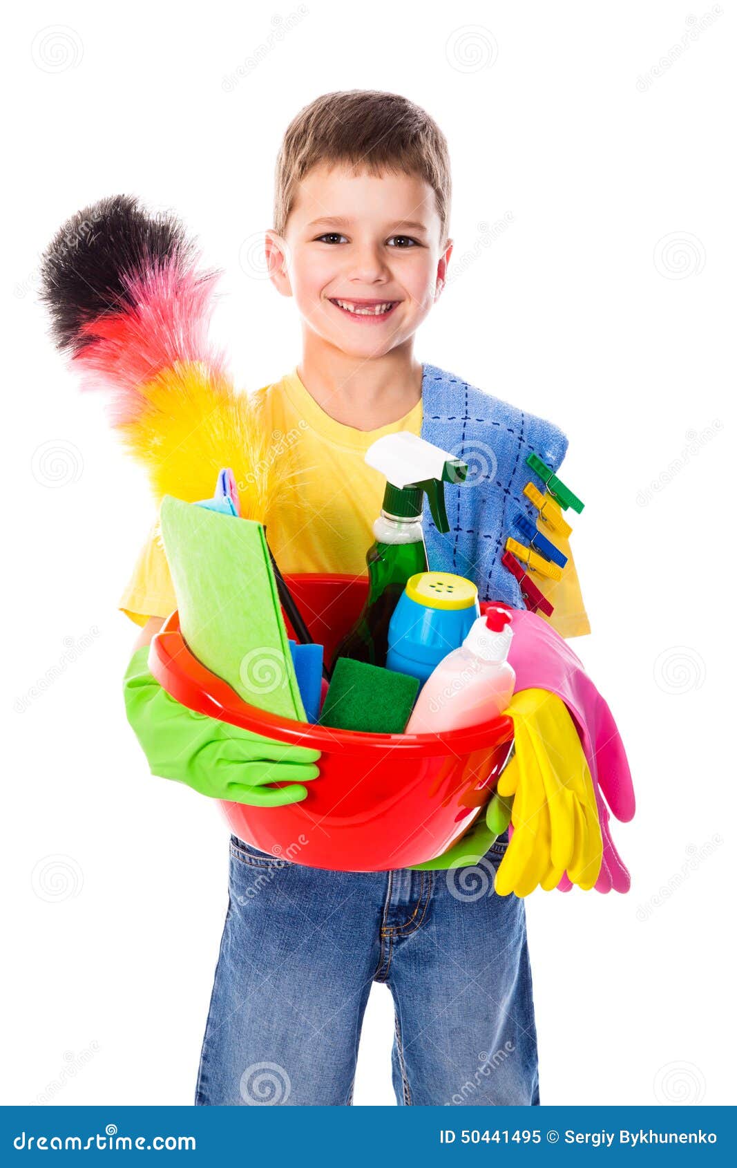 Happy Boy with Cleaning Tools Stock Image - Image of holding, housework ...