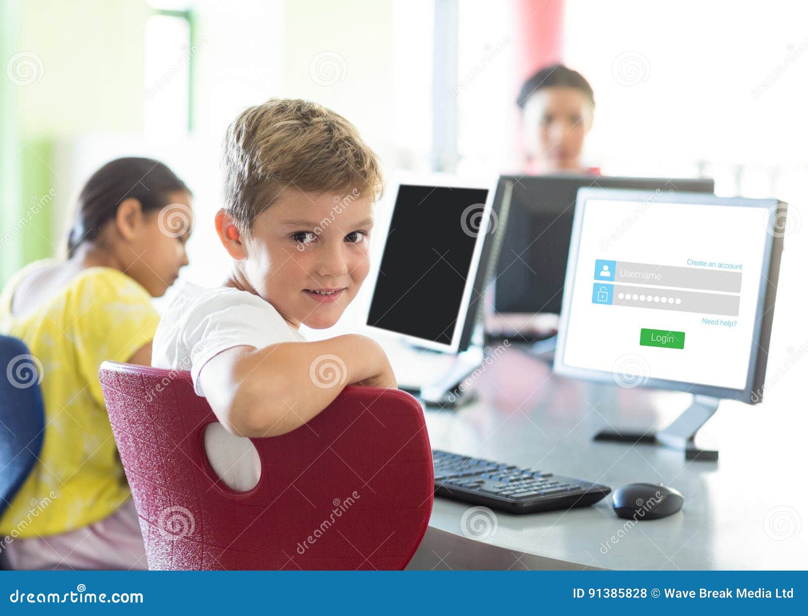 Happy Boy in Computers Class Stock Photo - Image of computer, classroom ...
