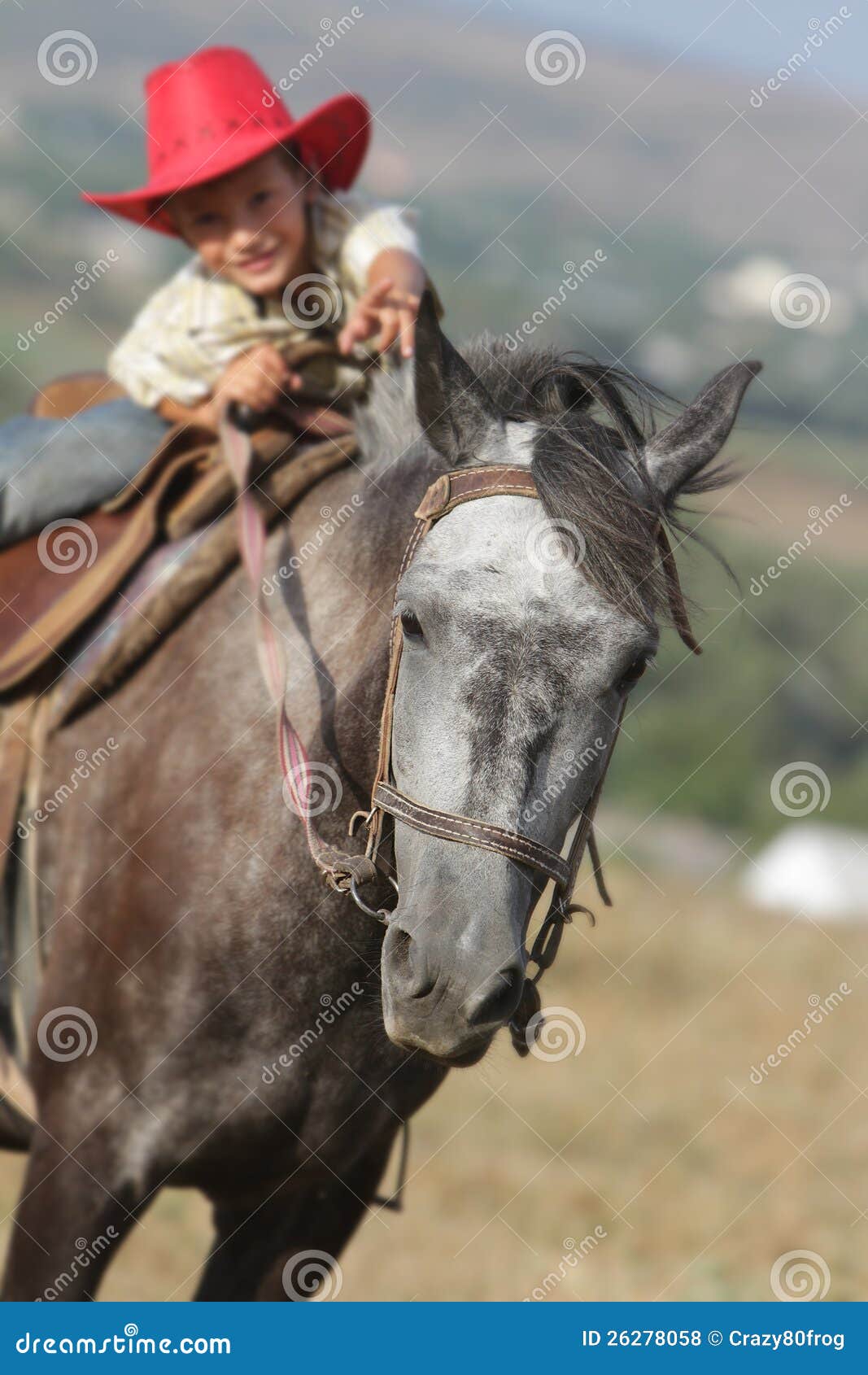 Happy Boy in Cowboy Hat Riding Horse Outdoors Stock Photo - Image of ...