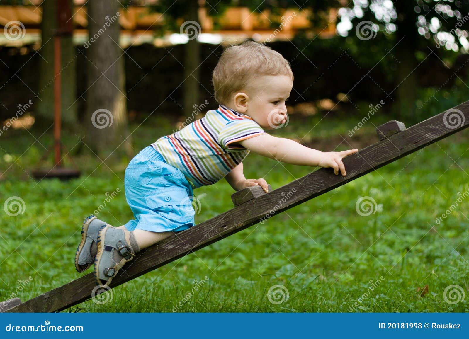 Happy Boy Creeping on the Ladder Stock Photo - Image of caucasian ...