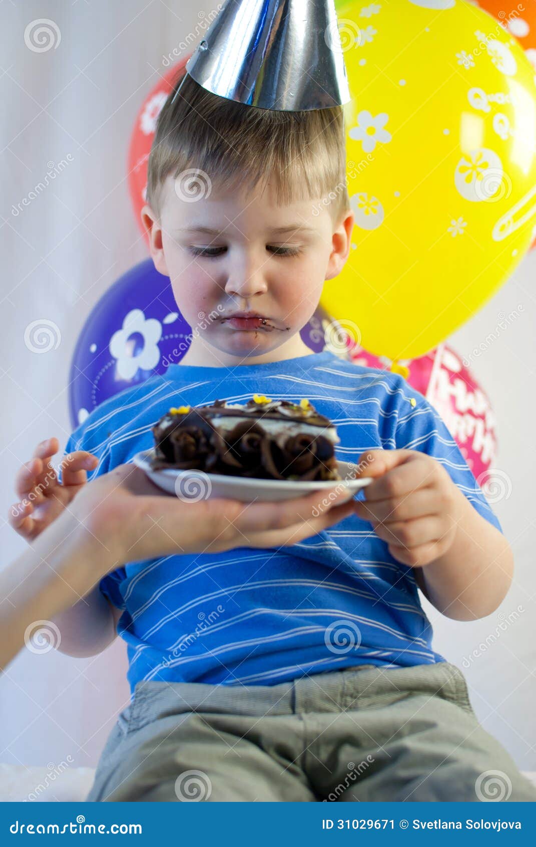 Happy Boy Eat Birthday Cake Stock Image - Image of balloons, blowing ...