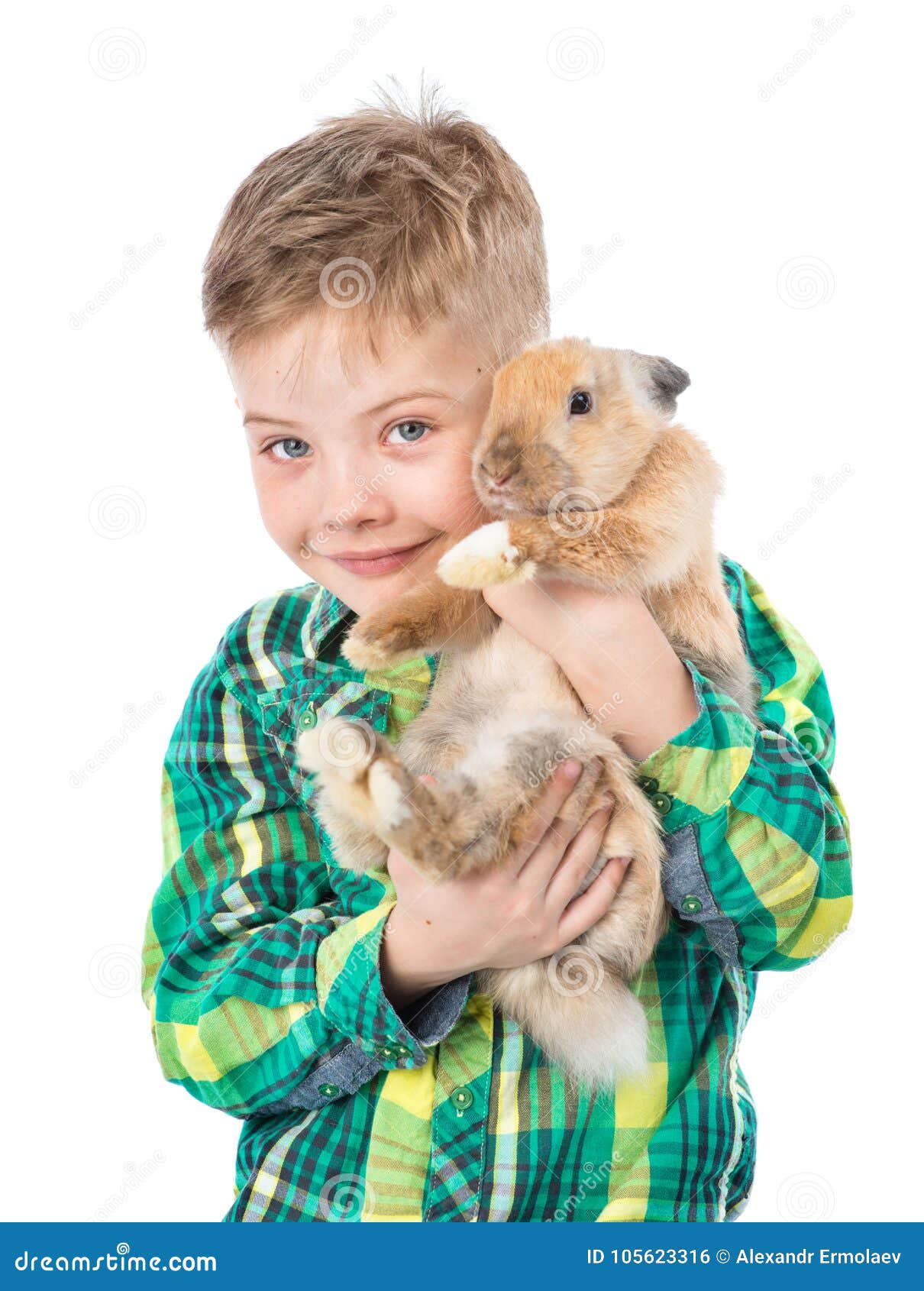 Happy Boy Embracing Rabbit. Isolated on White Background Stock Photo ...