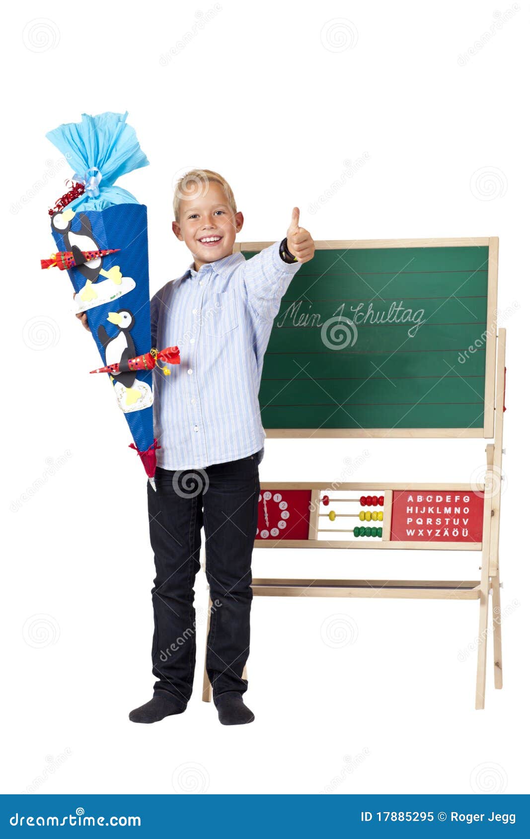 Happy Boy at First School Day Shows Thumb Up Stock Image - Image of ...