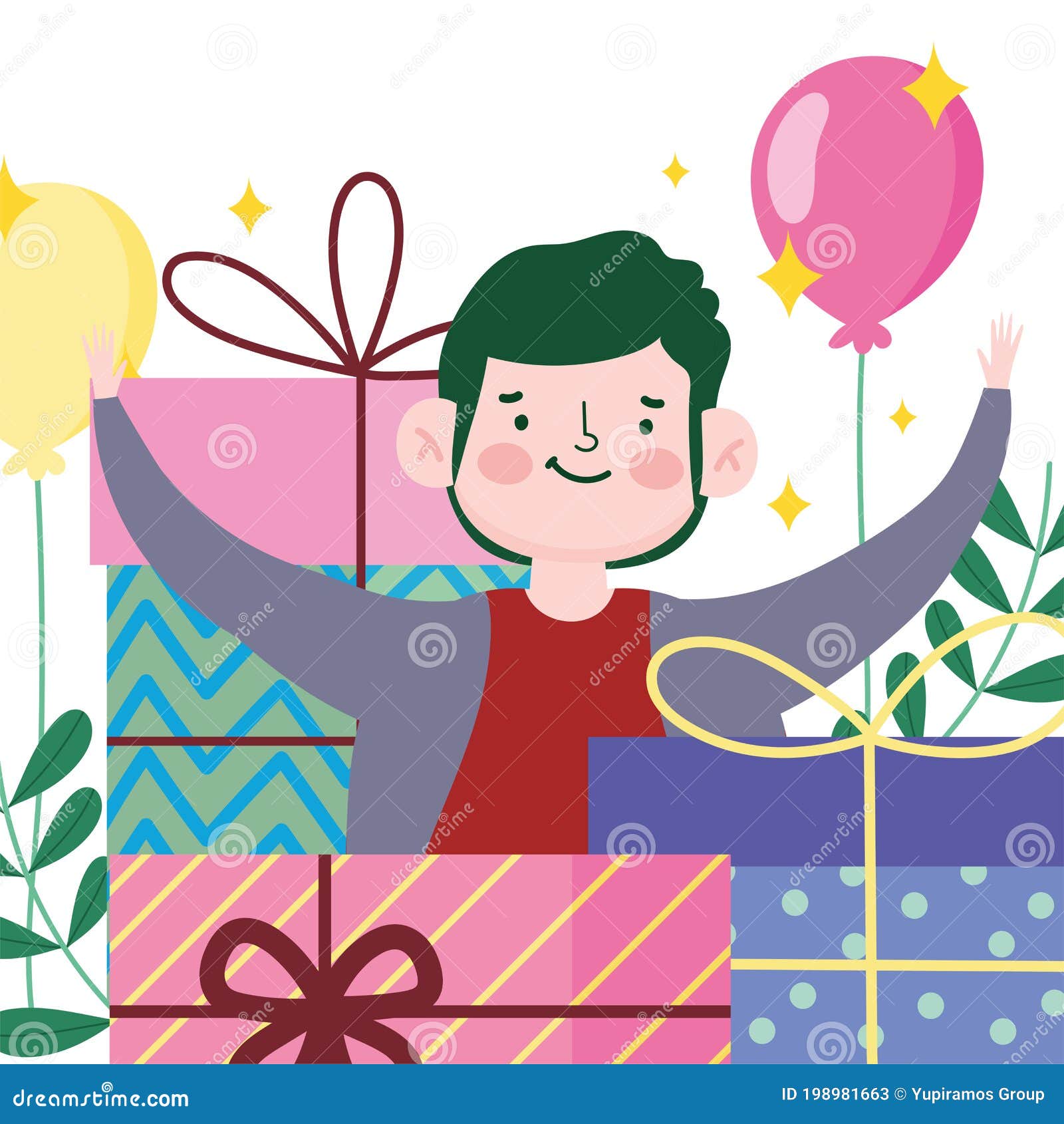 Happy Boy Gift Boxes Balloons Party Celebrating Cartoon Stock Vector ...