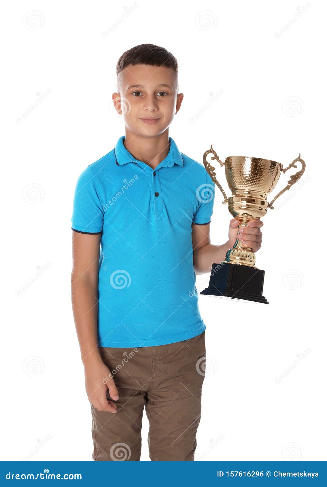 Happy Boy with Golden Cup on White Background Stock Photo - Image of ...