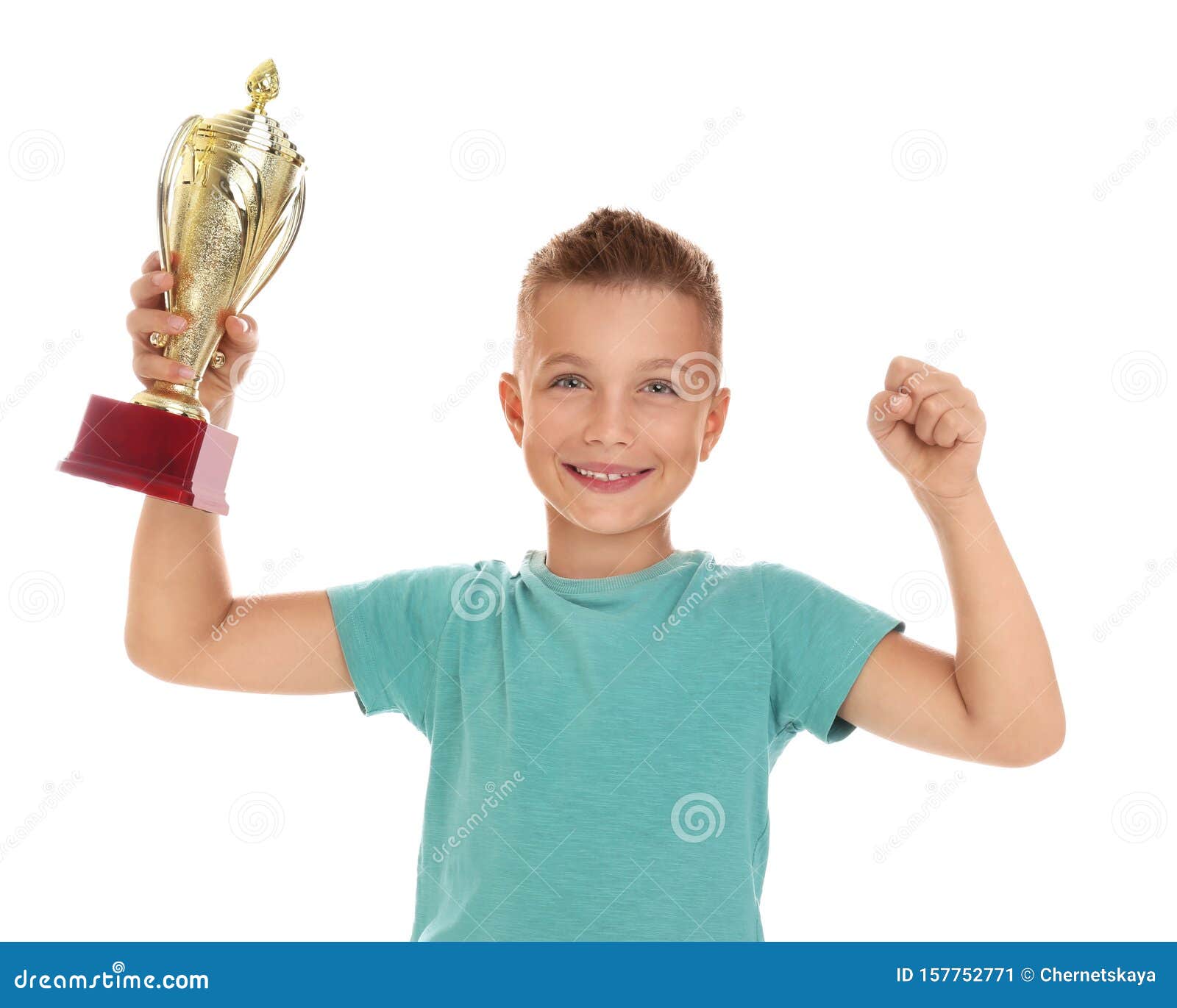 Happy Boy with Golden Winning Cup on White Stock Image - Image of ...