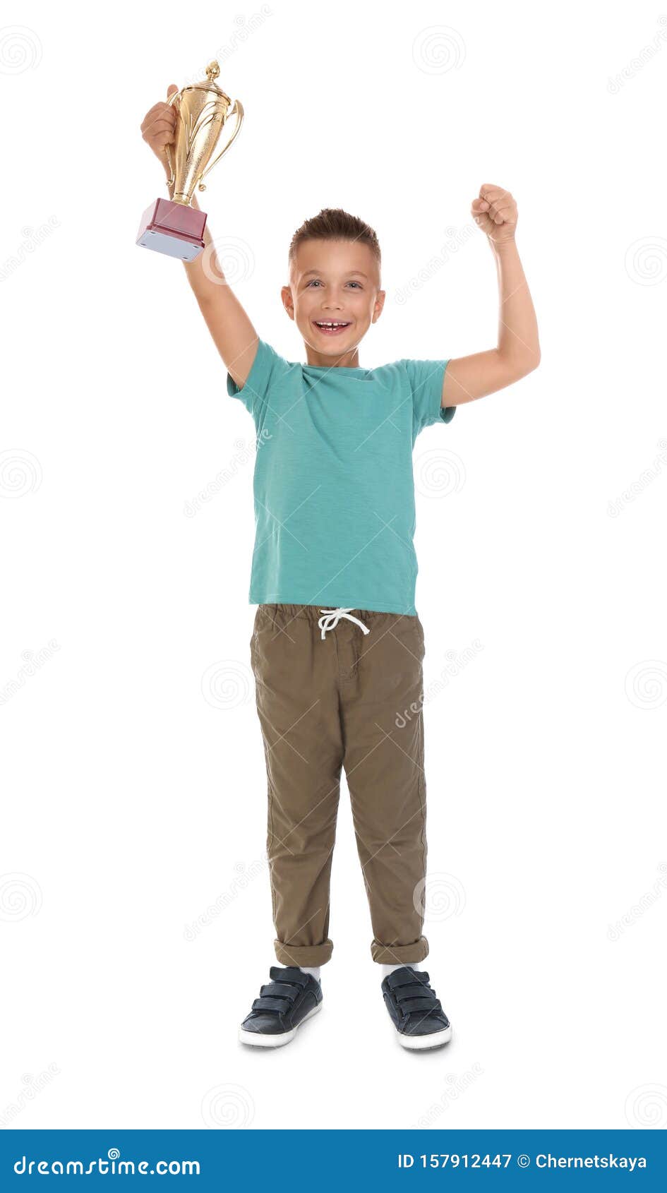 Happy Boy with Golden Winning Cup Isolated Stock Image - Image of ...