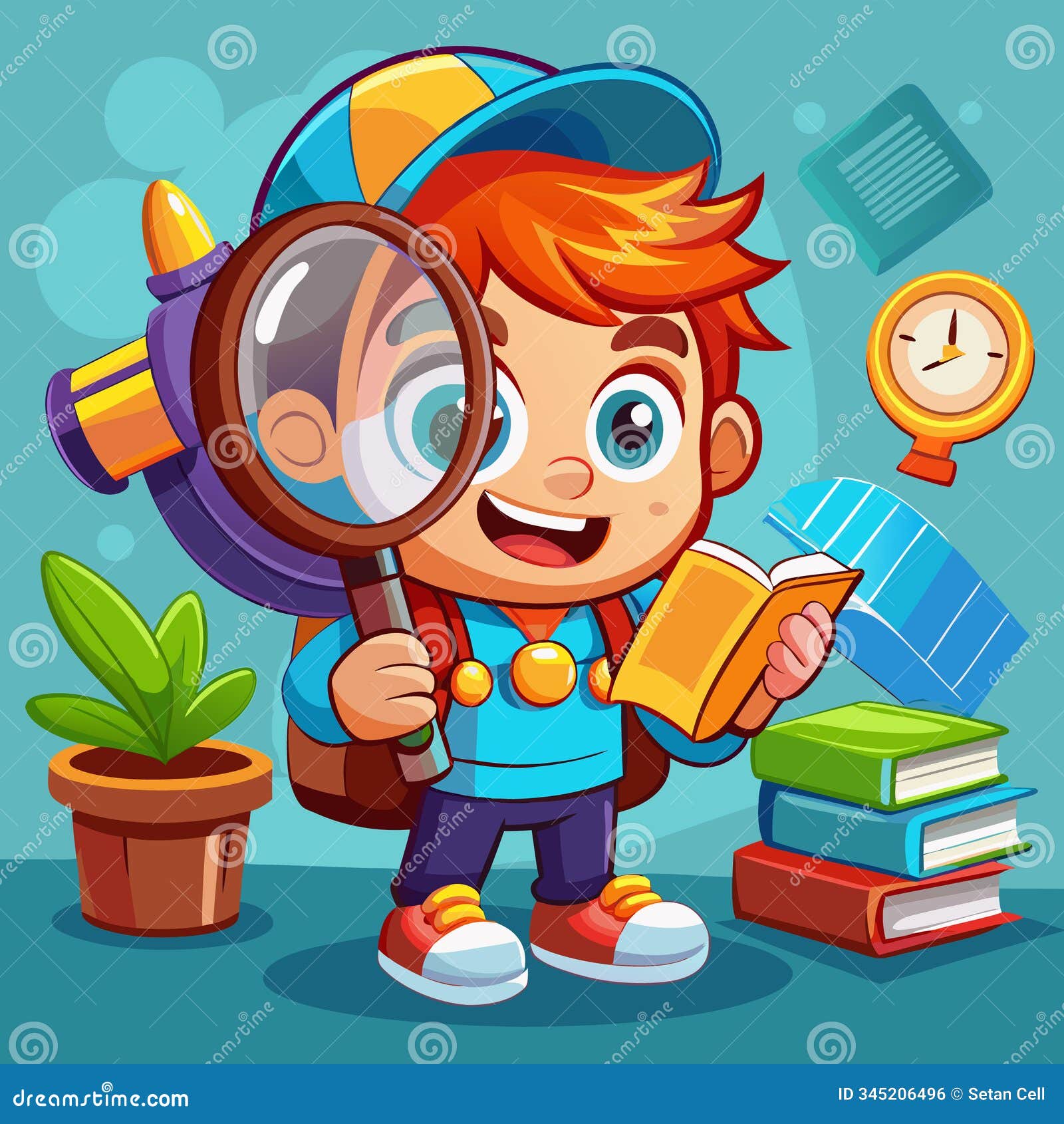 A Happy Boy Holding a Magnifying Glass and Reading a Boo Stock Vector ...