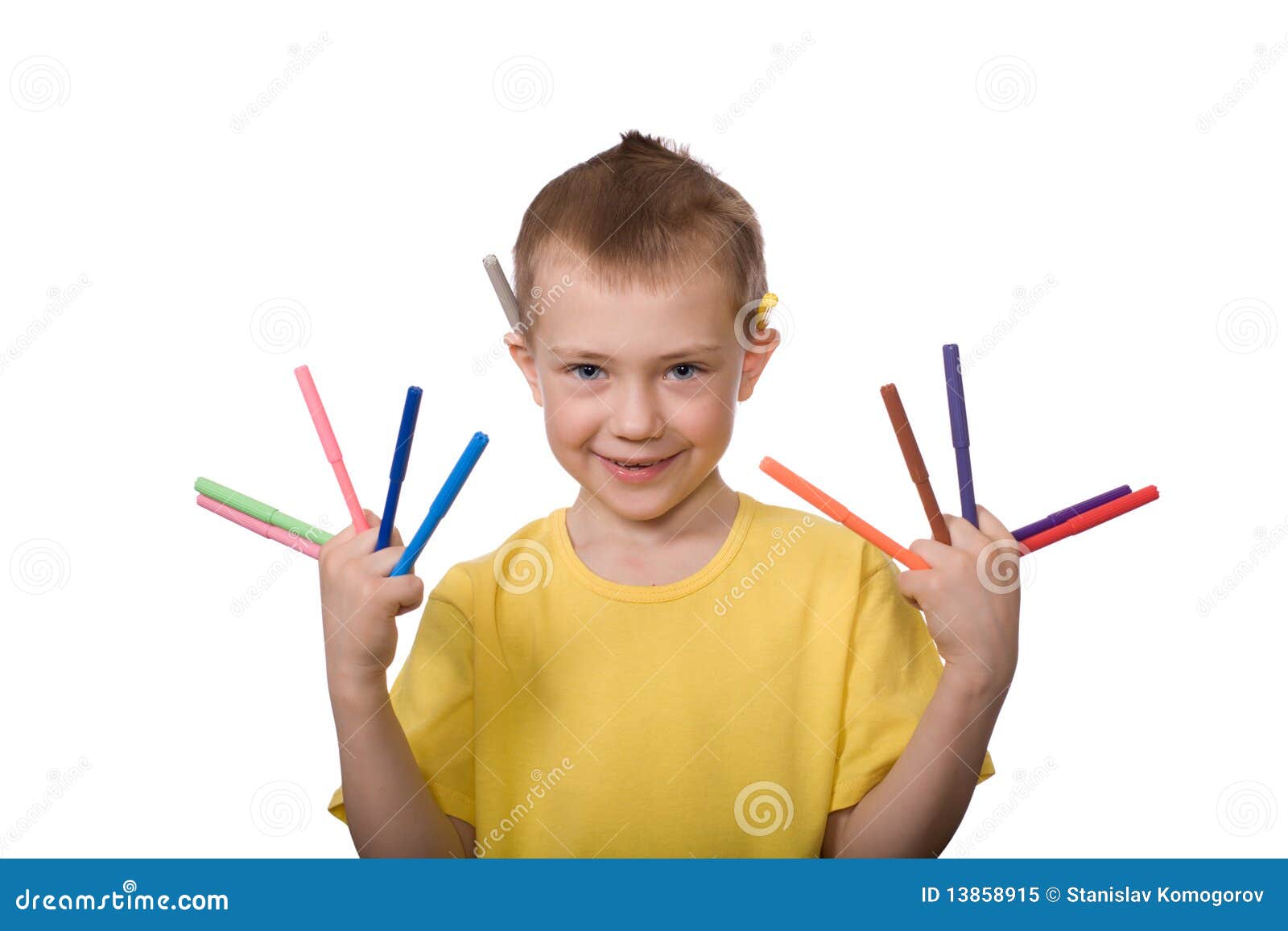 Happy Boy Holds Colorful Markers Stock Image - Image of happiness ...
