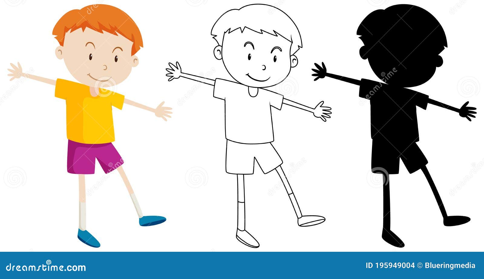 Happy Boy with Its Outline and Silhouette Stock Vector - Illustration ...