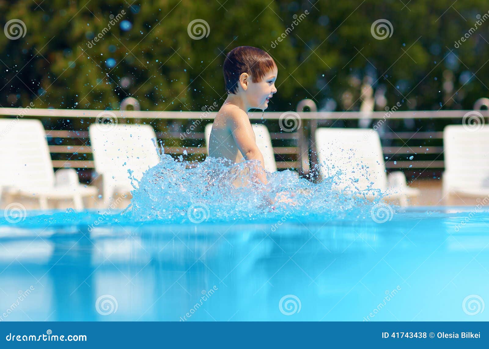 Happy Boy Jumping in the Pool Stock Photo - Image of leisure, family ...