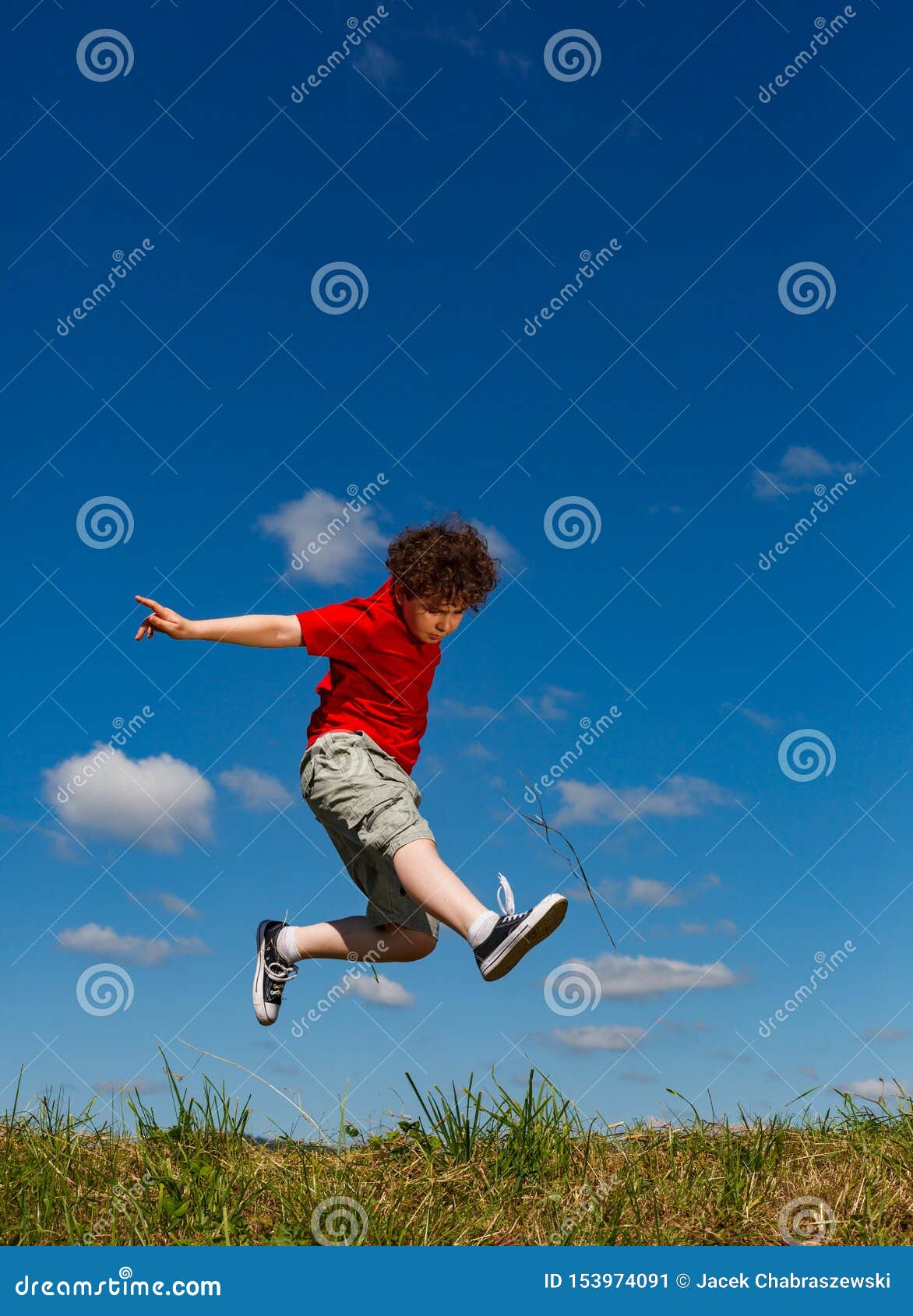 Boy Jumping, Running Against Blue Sky Stock Image - Image of adolescent ...