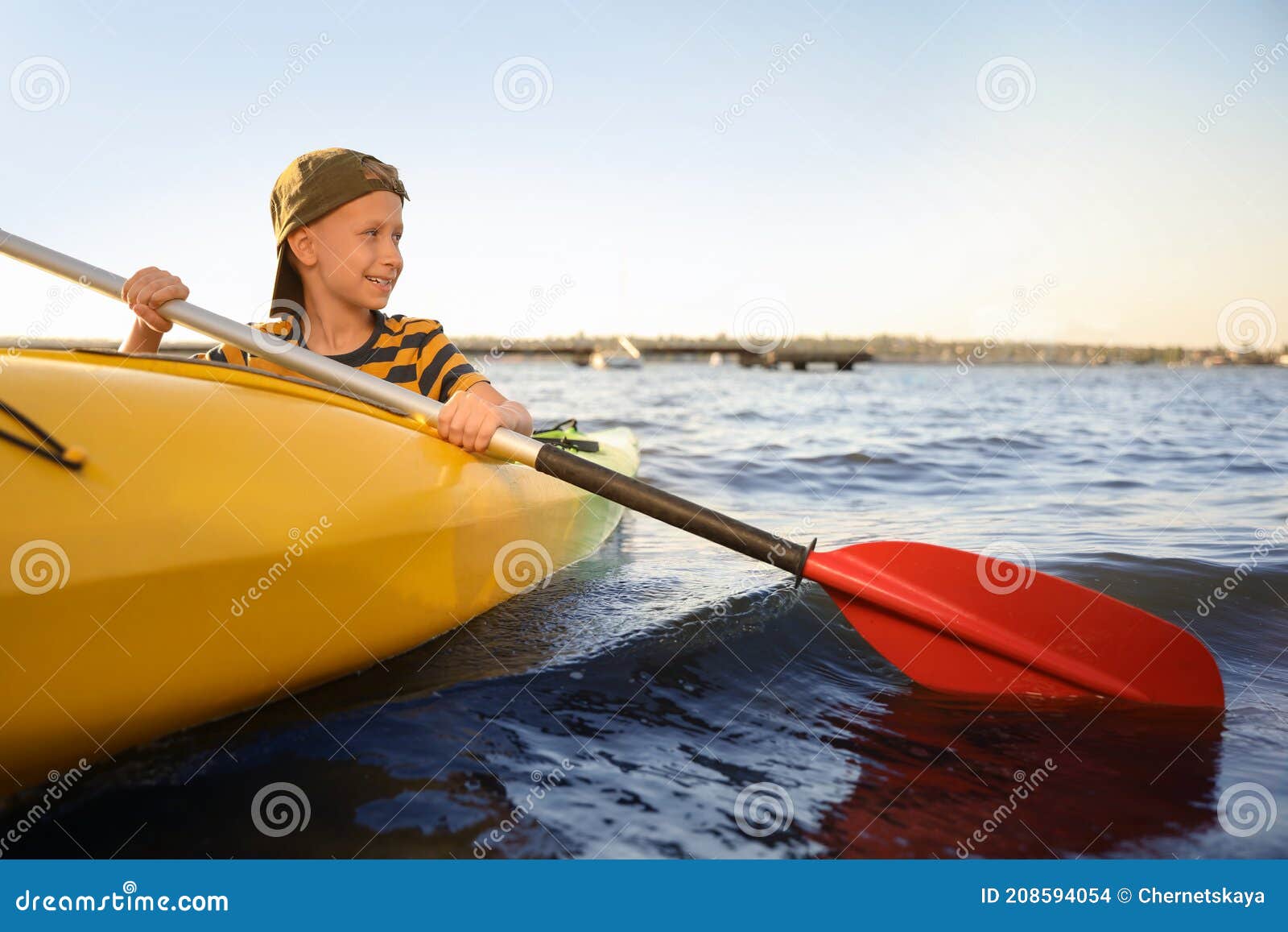 Happy Little Boy Kayaking on River. Summer Camp Activity Stock Photo ...