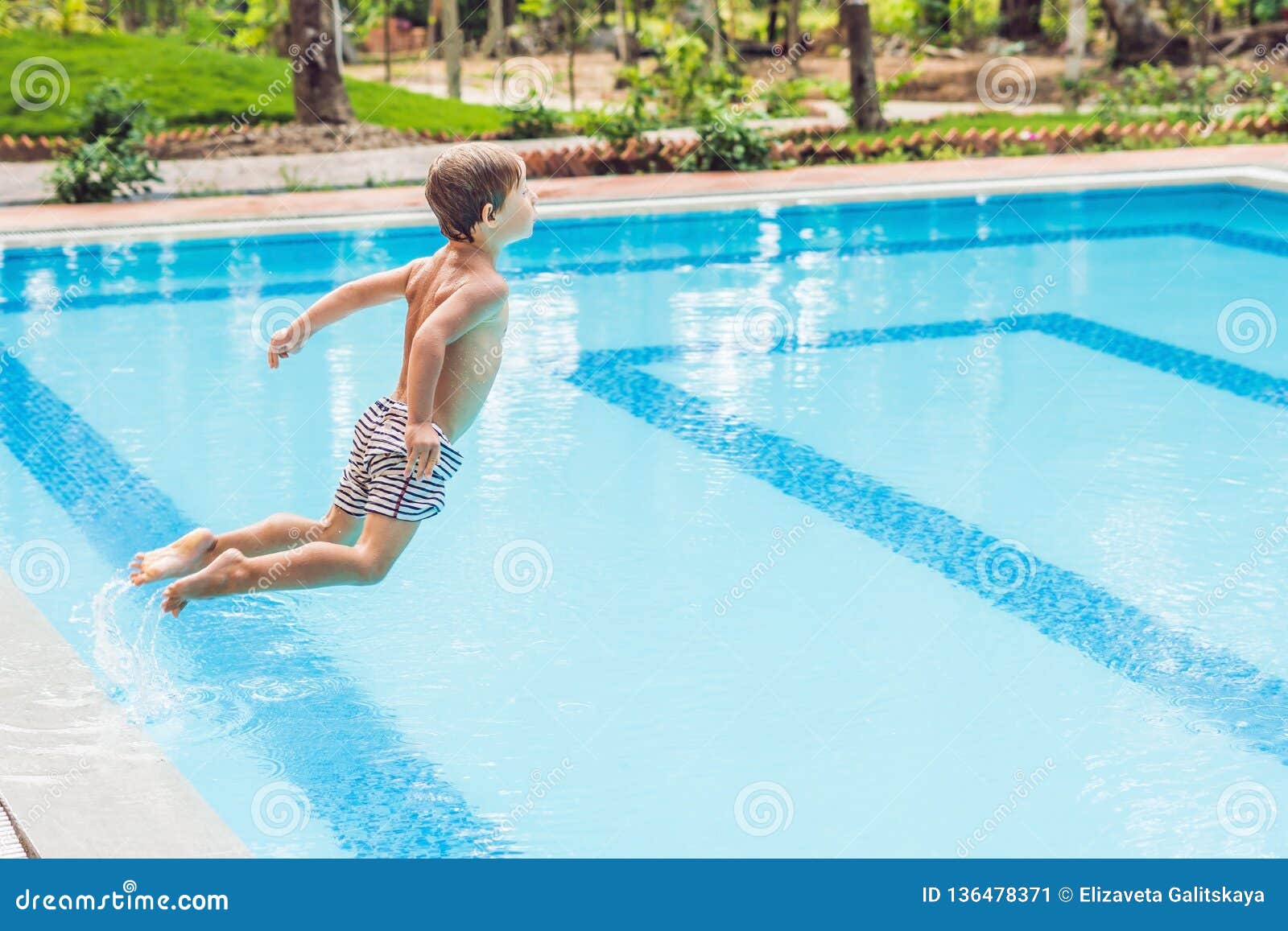 Happy Boy Kid Jumping in the Pool Stock Image - Image of lifestyle ...
