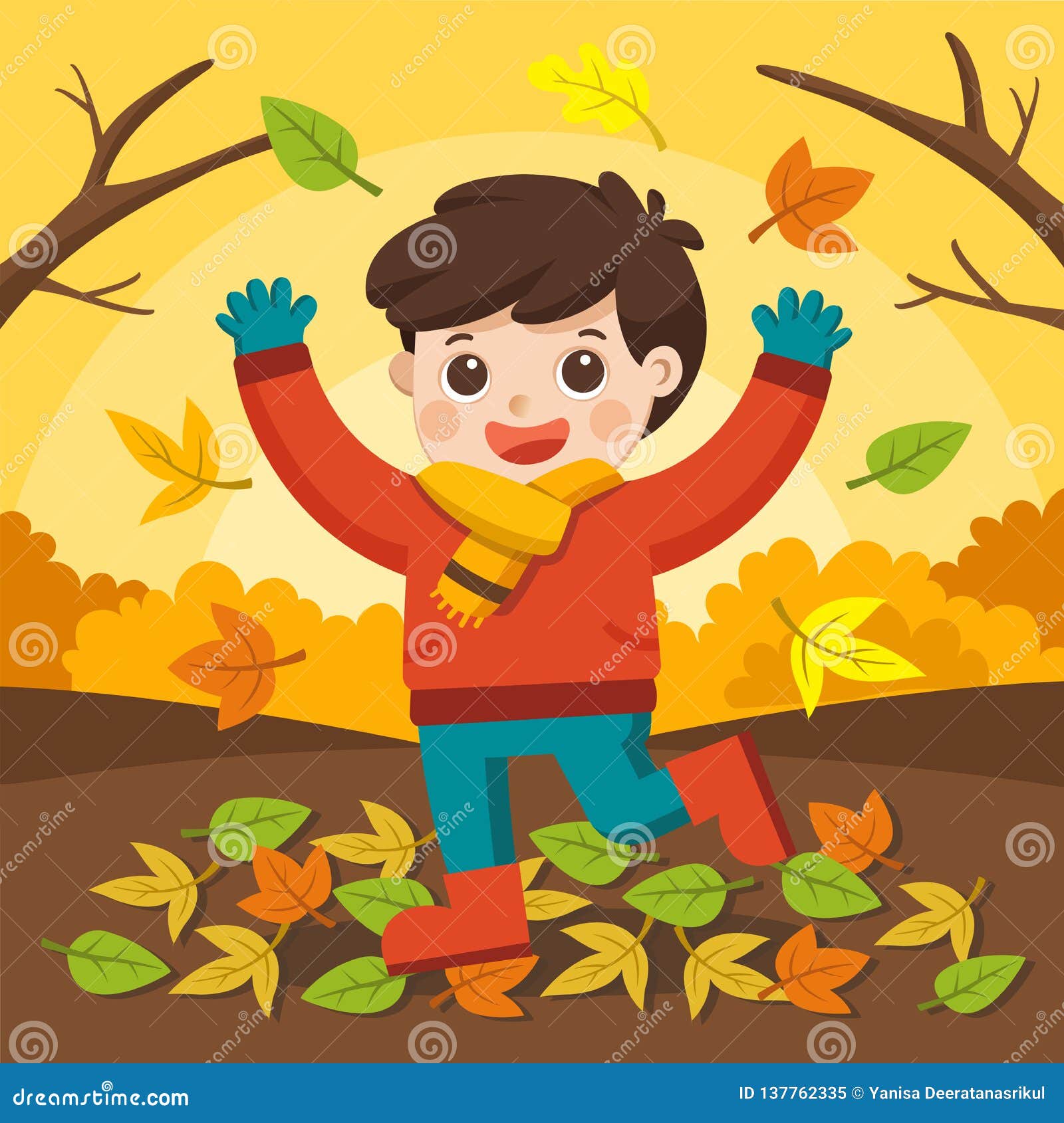 A Boy Laughing and Playing in the Autumn. Stock Vector - Illustration ...