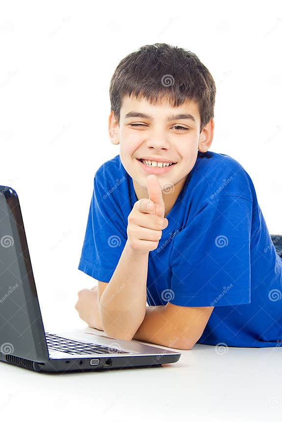 Happy Boy Learns Lessons at a Laptop Stock Photo - Image of internet ...