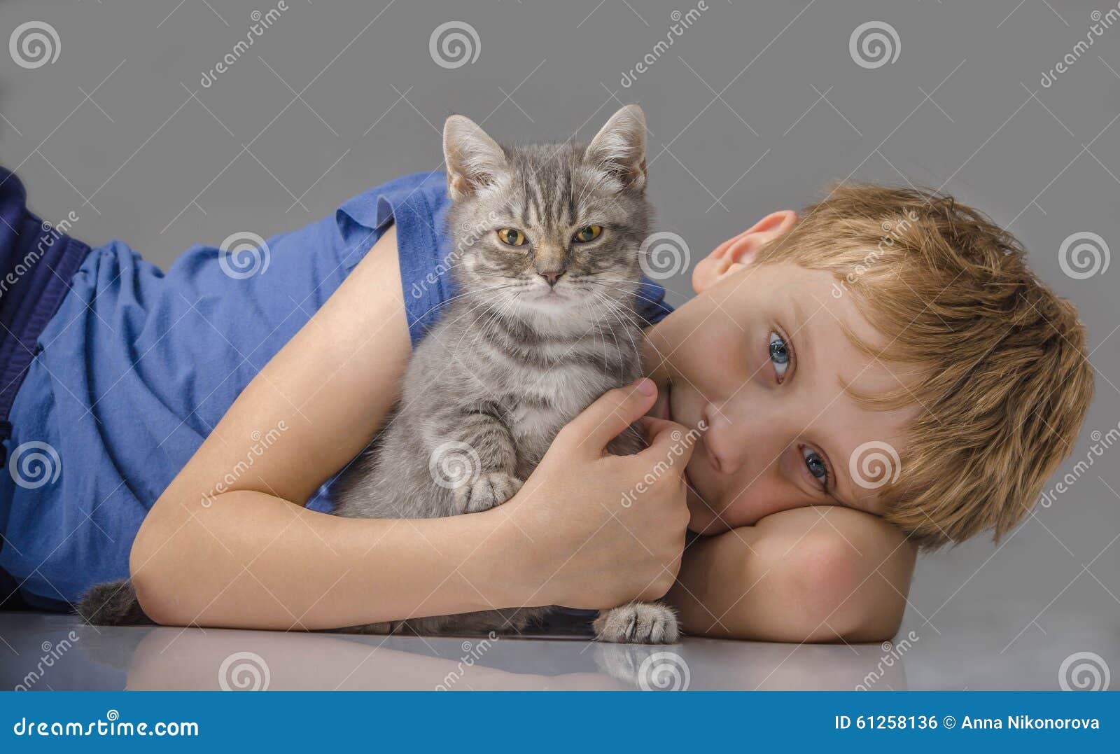 Happy Boy with Little Kitten Stock Photo - Image of portrait, floor ...