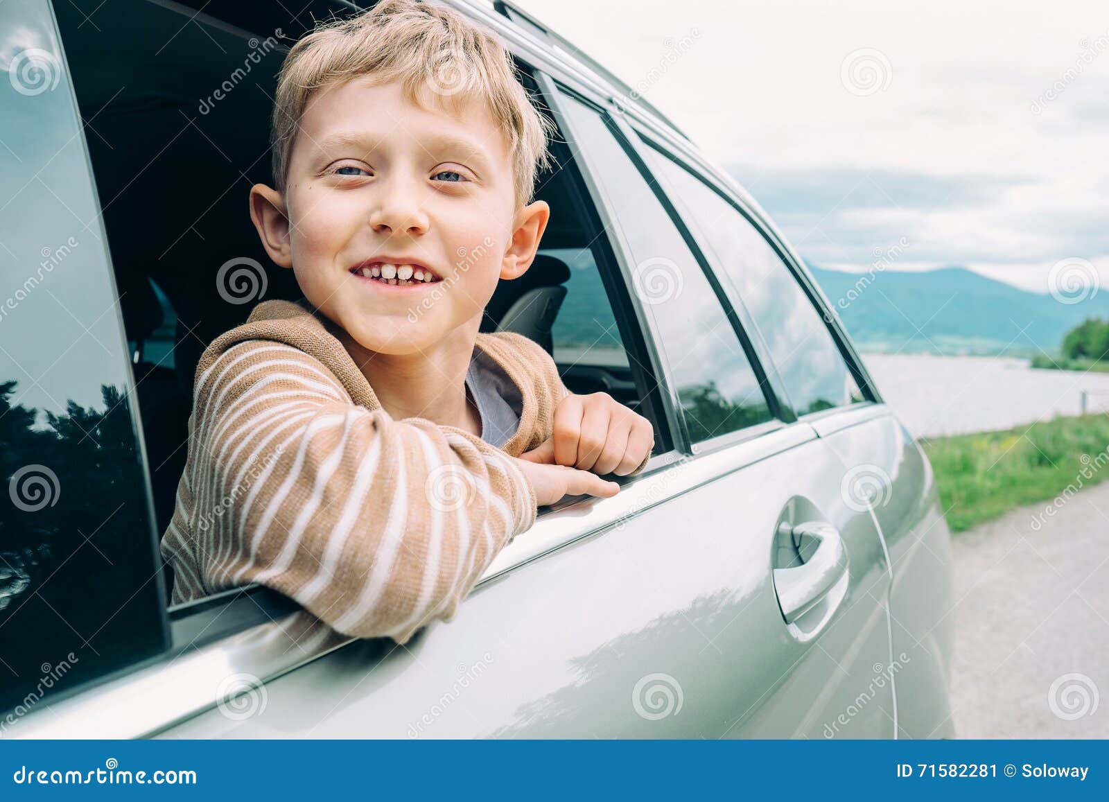 Happy Boy Look Out from Window Car Stock Image - Image of happy, child ...