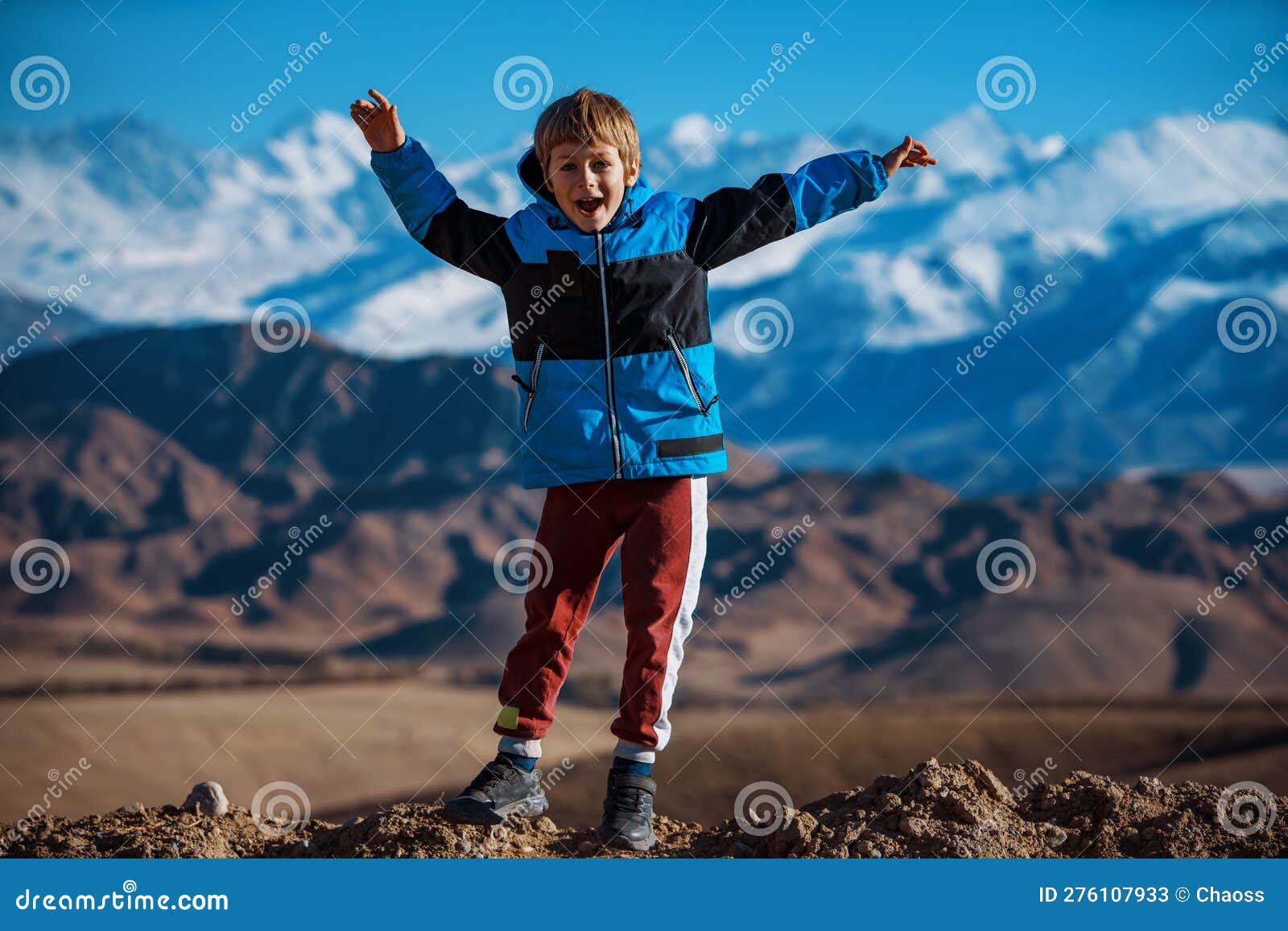Happy Boy on Mountains Background Stock Image - Image of childhood ...