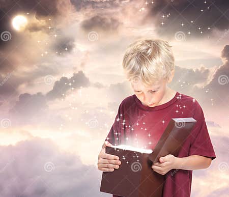 Happy Boy Opening a Gift Box Stock Photo - Image of happiness, glitter ...