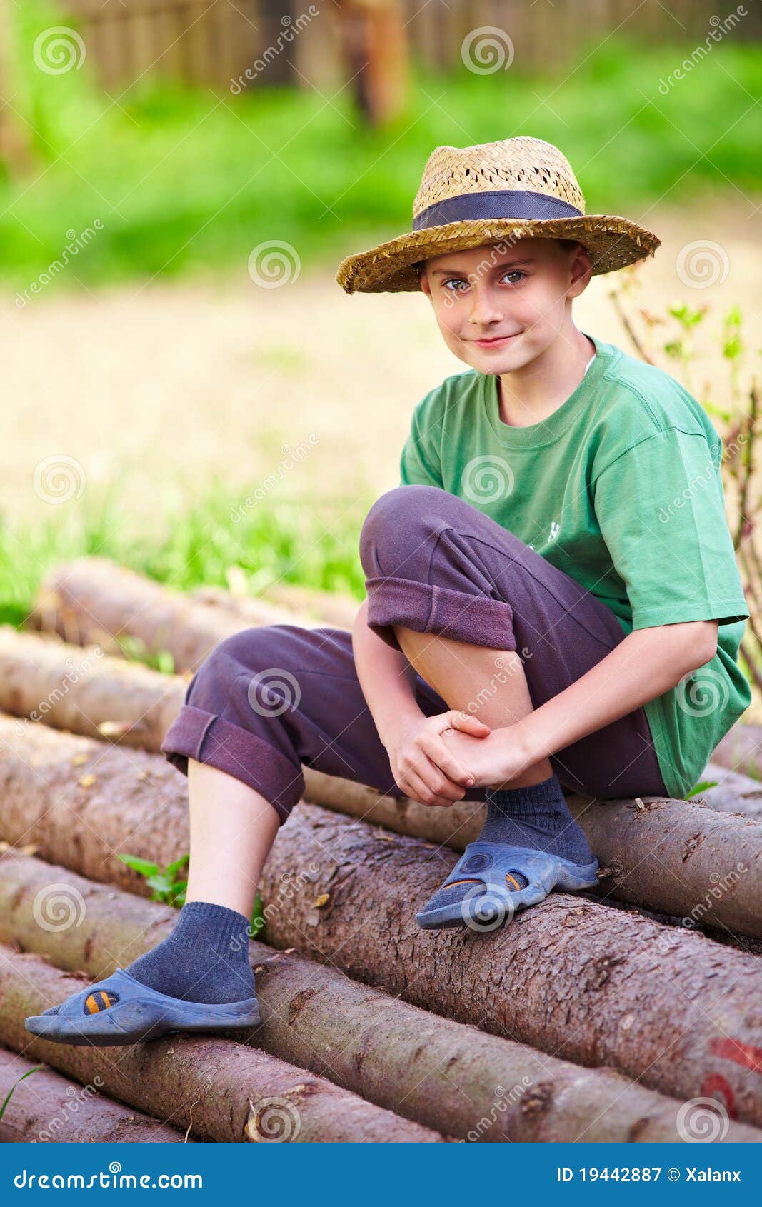 Happy Boy Outdoor Sitting on Pine Logs Stock Image - Image of lifestyle ...