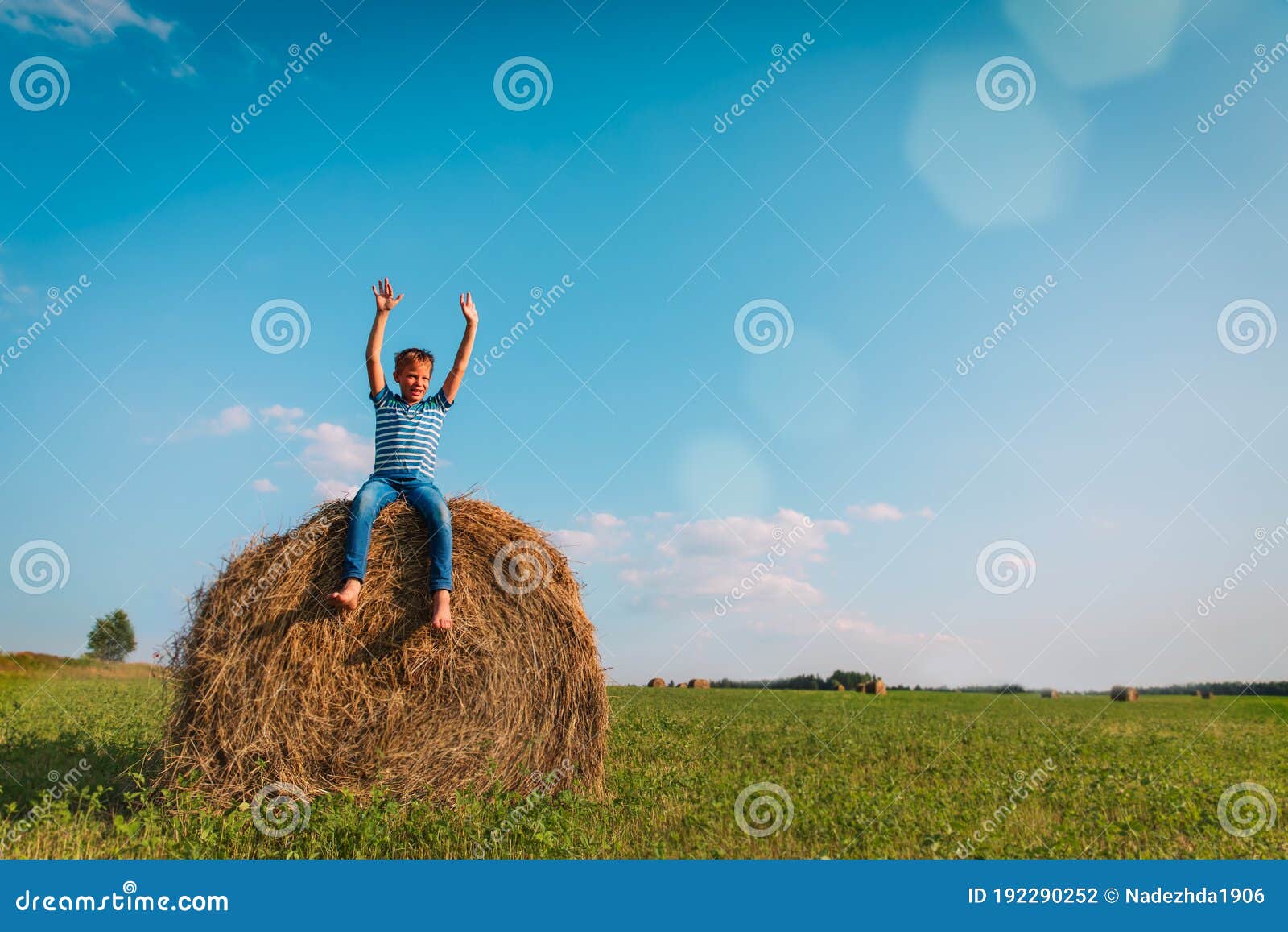 Happy Boy Play on Hay Stack in Wheat Field Stock Photo - Image of farm ...