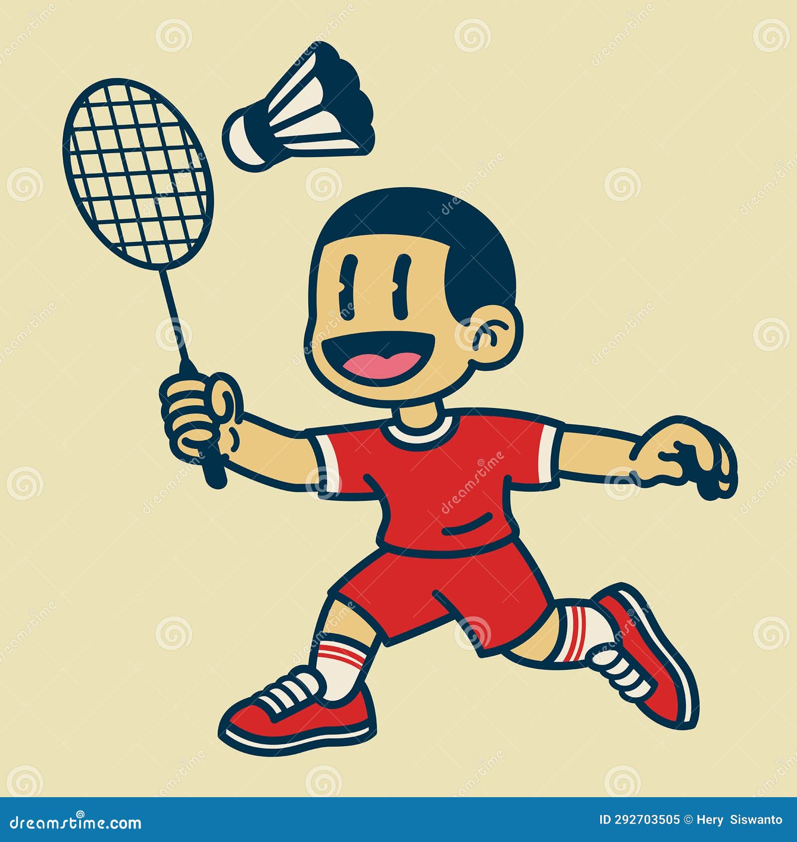 Happy Boy Playing Badminton Cartoon Vintage Stock Illustration ...