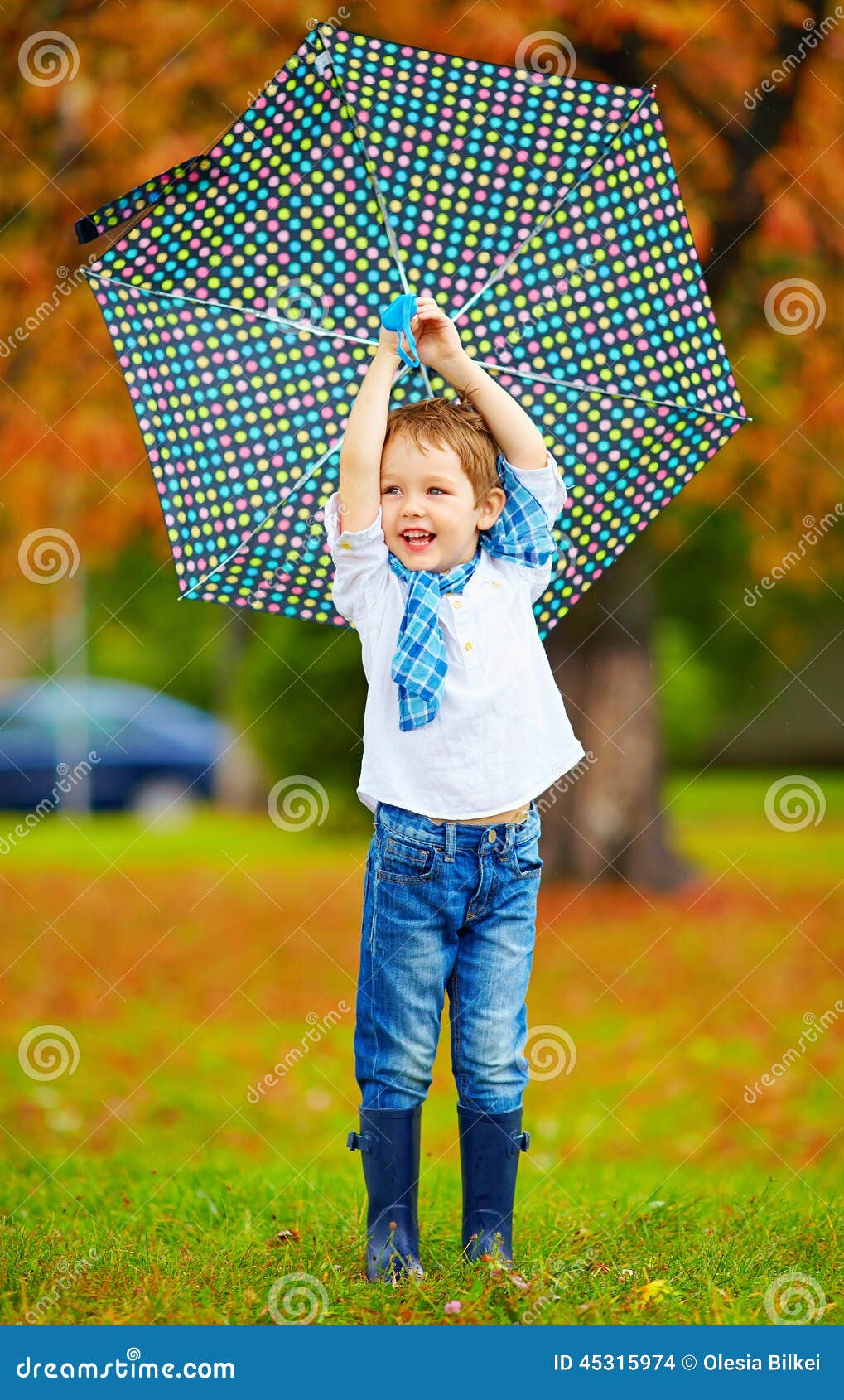 Happy Boy Playing Under an Autumn Rain Stock Photo - Image of parasol ...
